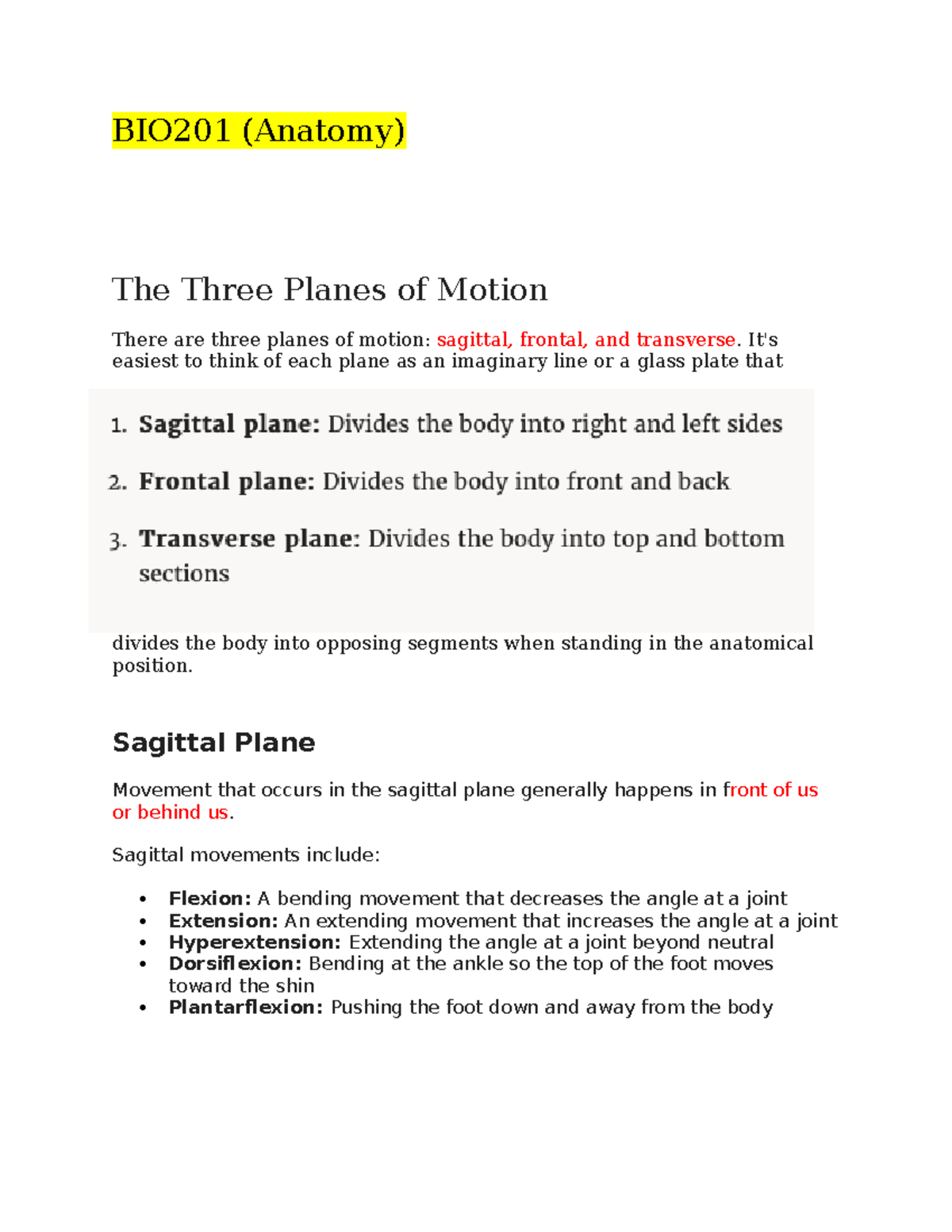 BIO 201 planes of motion - BIO201 (Anatomy) The Three Planes of Motion ...