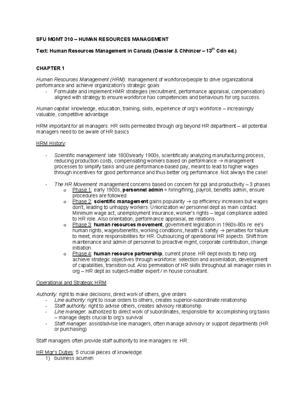 Chapter notes for Human Resources Management In Canada (Dessler ...