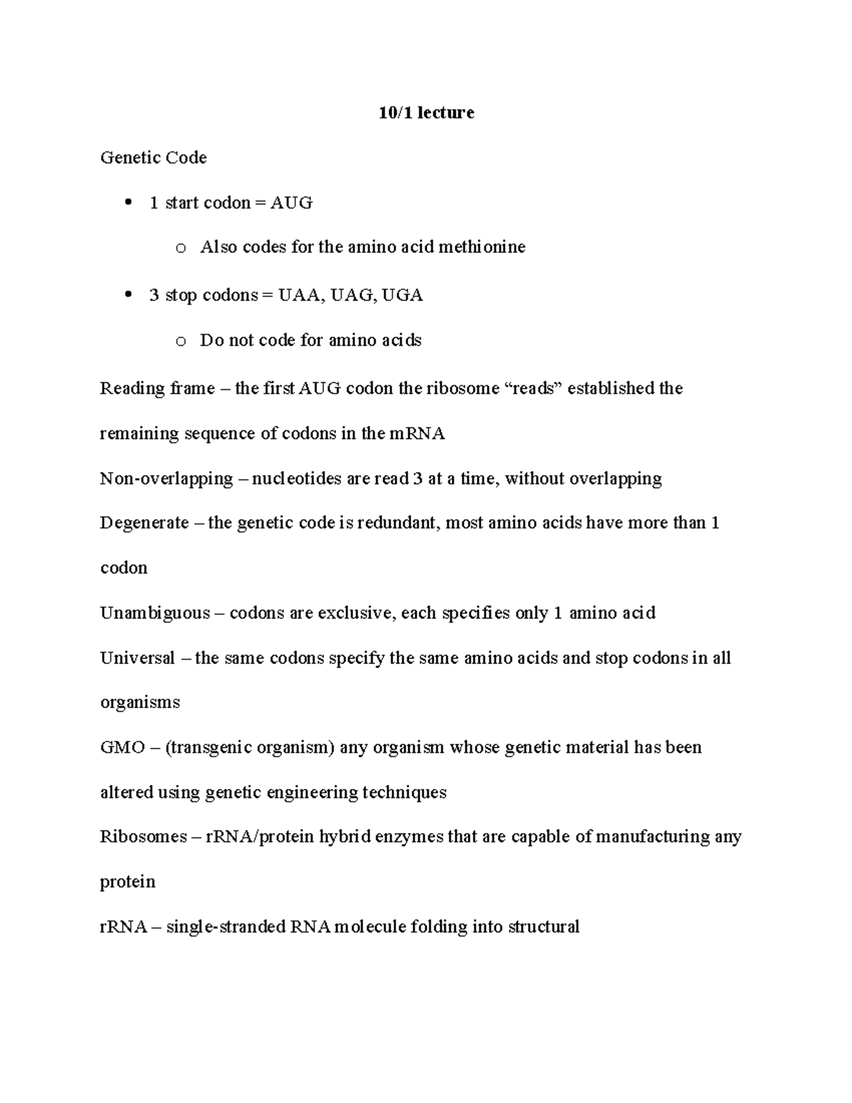Human biology lecture notes - 10/1 lecture Genetic Code 1 start codon ...
