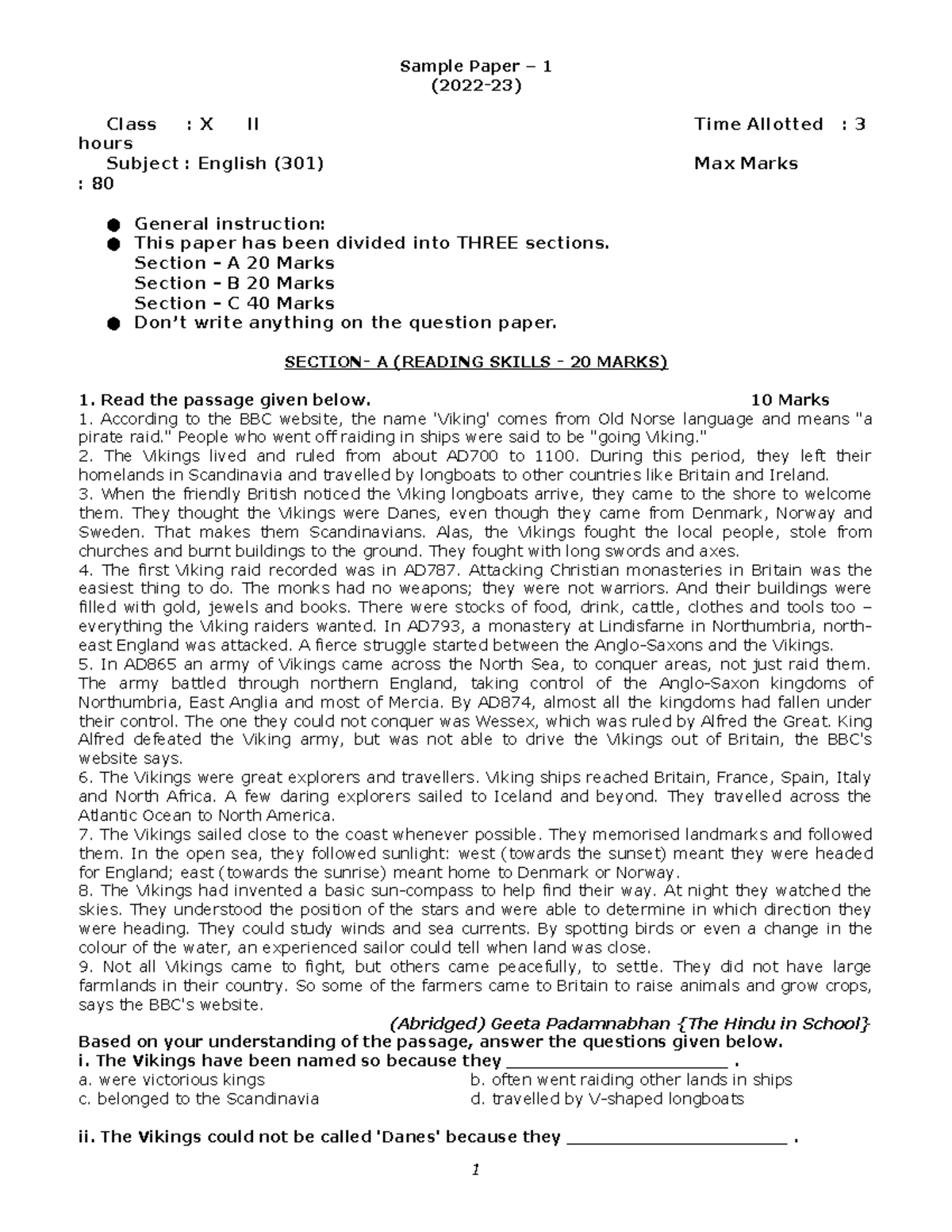 Class - XII Sample Paper - 1 (2022-23) - Sample Paper – 1 (2022-23 ...