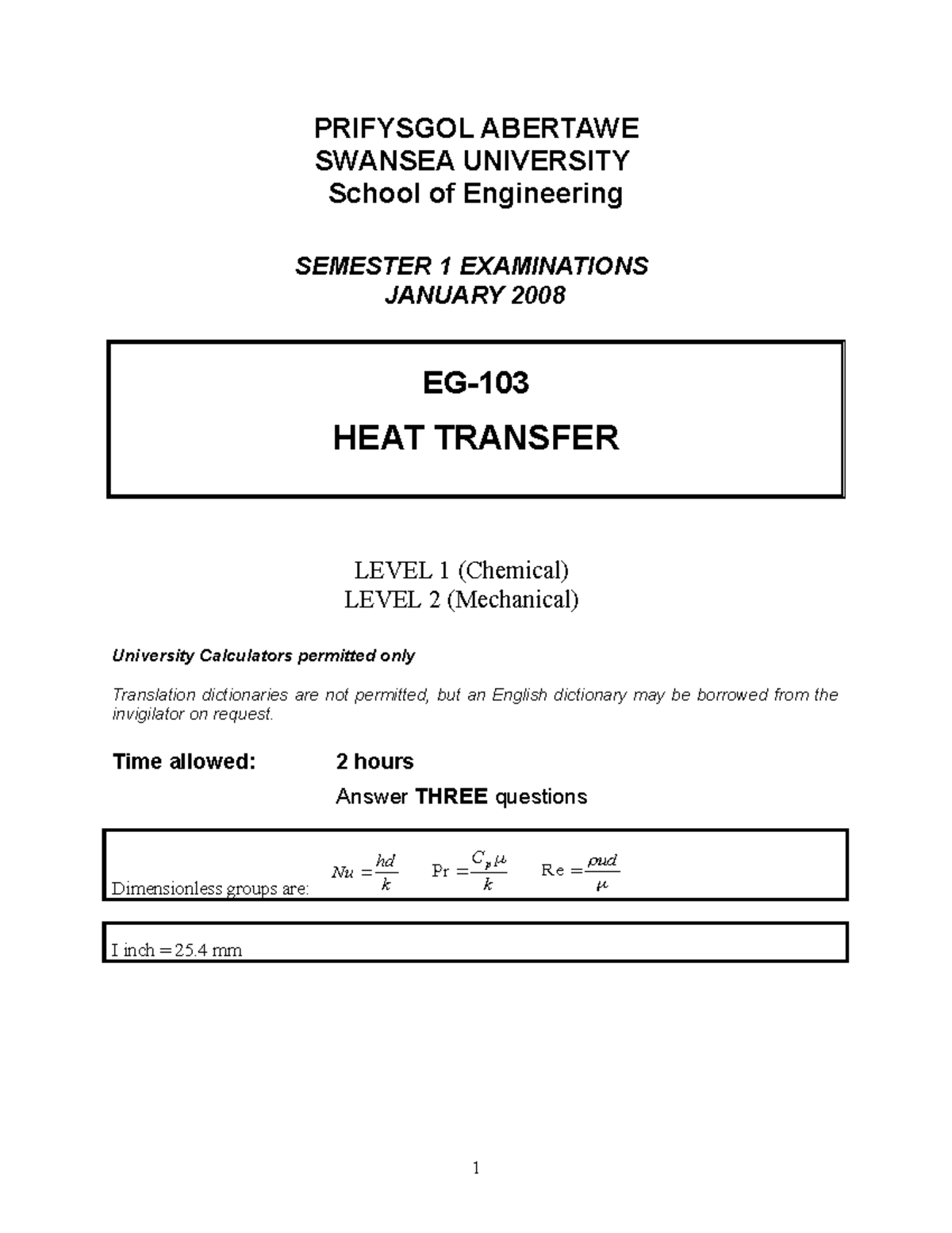 Heat Transfer Exam - Swansea University - Studocu