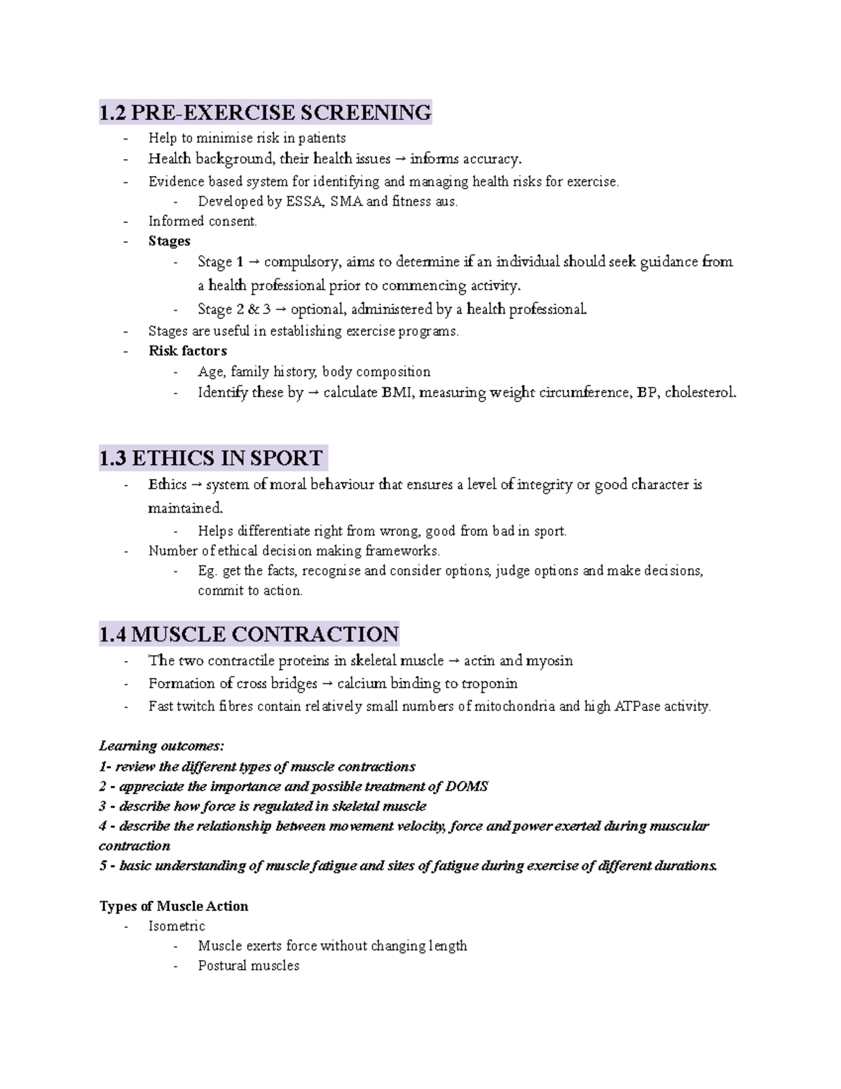Week 1 - lecture notes - 1 PRE-EXERCISE SCREENING - Help to minimise ...