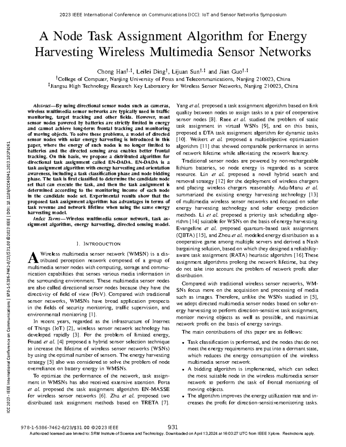 Wsn Journal Summary Wireless Sensor Networks A Node Task Assignment Algorithm For Energy