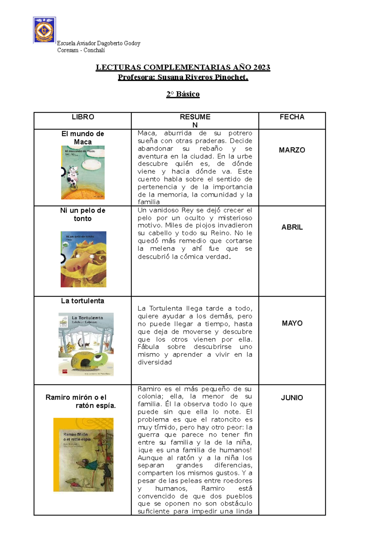 Lecturas-Complementarias-2°-Basico 2023 - Escuela Aviador Dagoberto Godoy Coresam - Conchalí ...