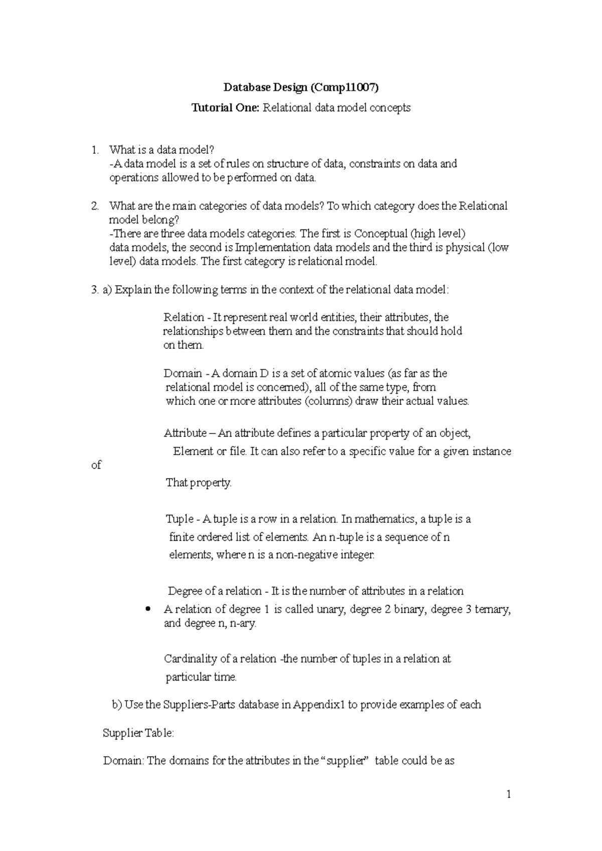 Tutorial 1 Relational Data Model Jf13sept2022 Database Design Comp11007 Tutorial One