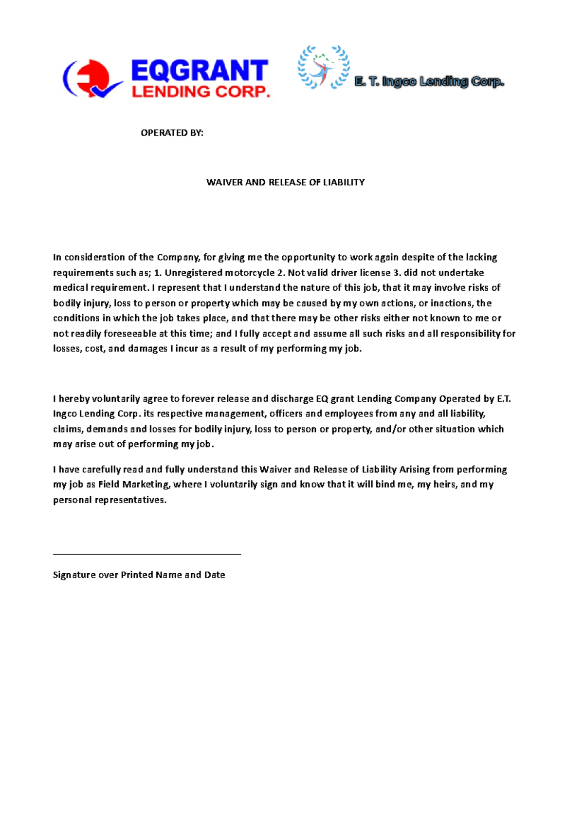 Waiver - RESEARCH - OPERATED BY: WAIVER AND RELEASE OF LIABILITY In ...
