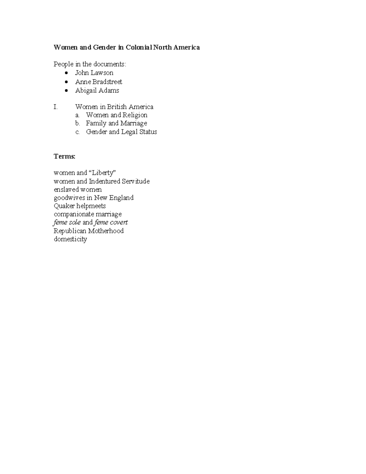 Women and Gender Colonial North America HO-1 - Women and Gender in ...