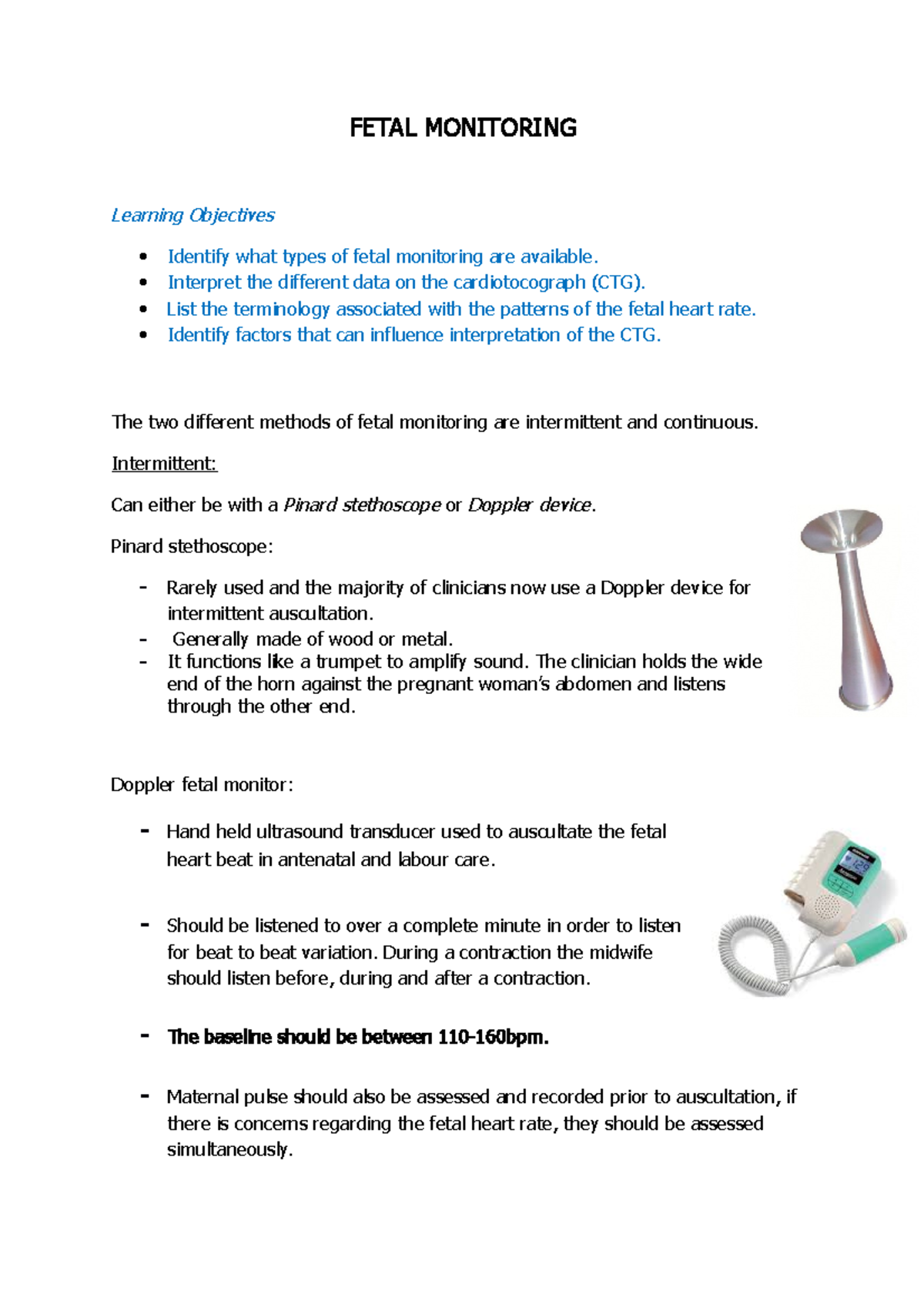 Fetal Monitoring - FETAL MONITORING Learning Objectives Identify what ...