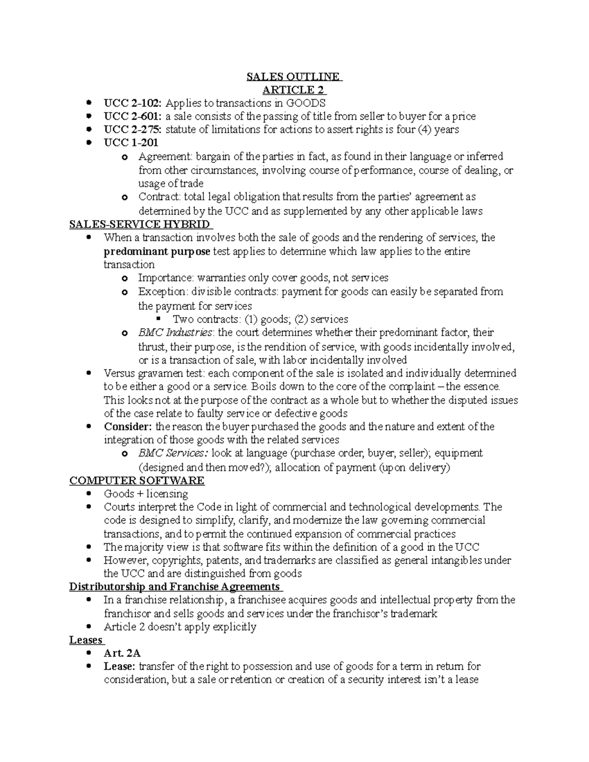 Sales Outline - SALES OUTLINE ARTICLE 2 UCC 2-102: Applies to ...
