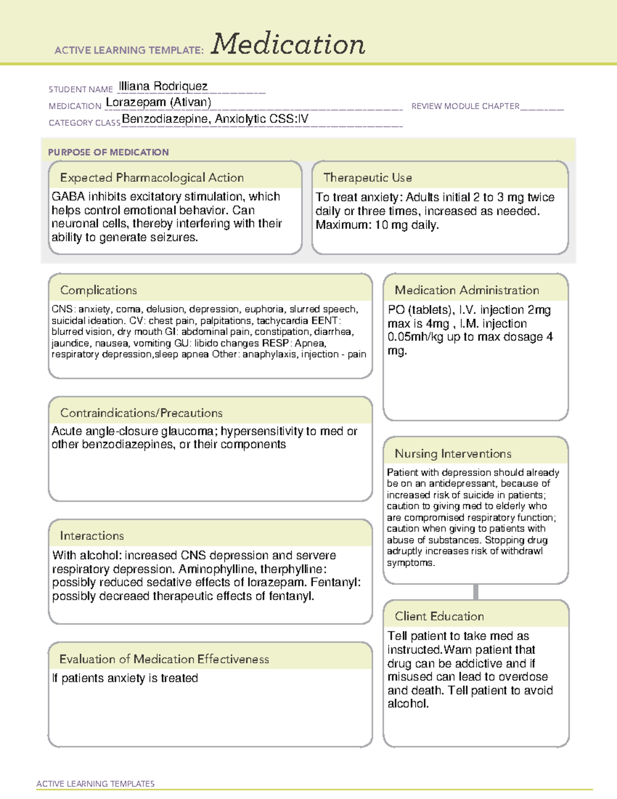 ATI medication card - ACTIVE LEARNING TEMPLATES Medication STUDENT NAME ...