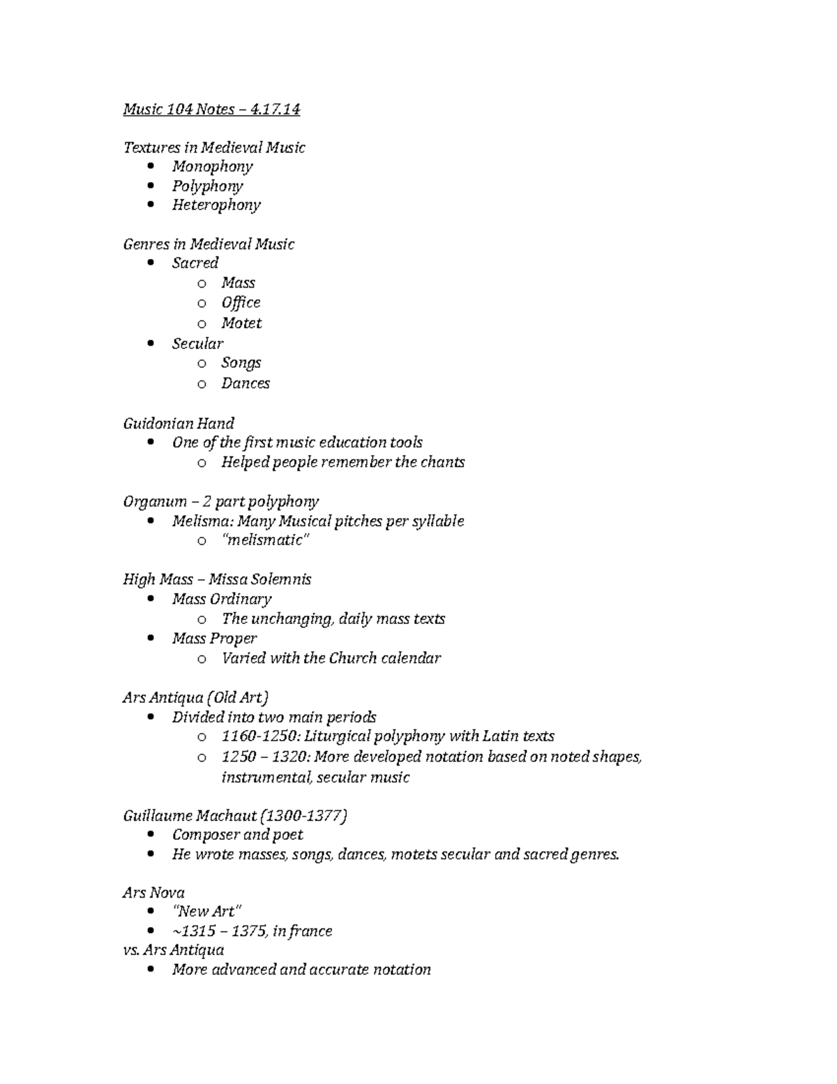 Music 104 Notes – 4/17/14 - Music 104 Notes – 4. Textures in Medieval ...