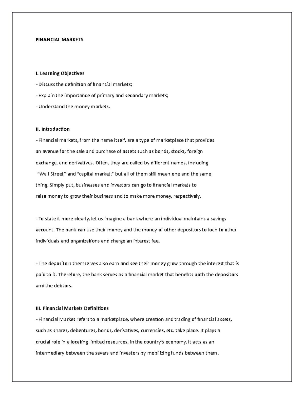 Financial-markets-notes - FINANCIAL MARKETS I. Learning Objectives ...