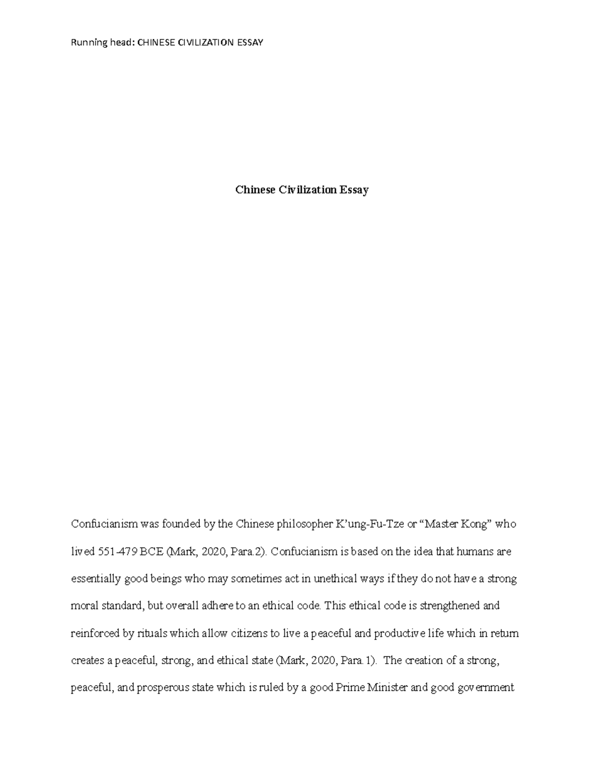 Chinese Civilization Essay - Running head: CHINESE CIVILIZATION ESSAY ...