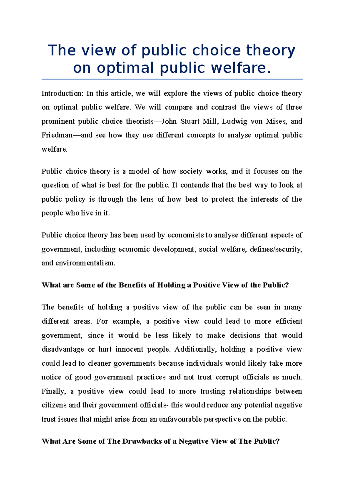 The view of public choice theory on optimal public welfare - Introduction: In this article, we ...