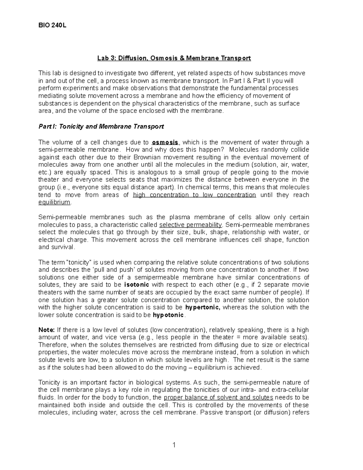 Lab3 Tonicity Transport - Lab 3: Diffusion, Osmosis & Membrane Transport This lab is designed to ...