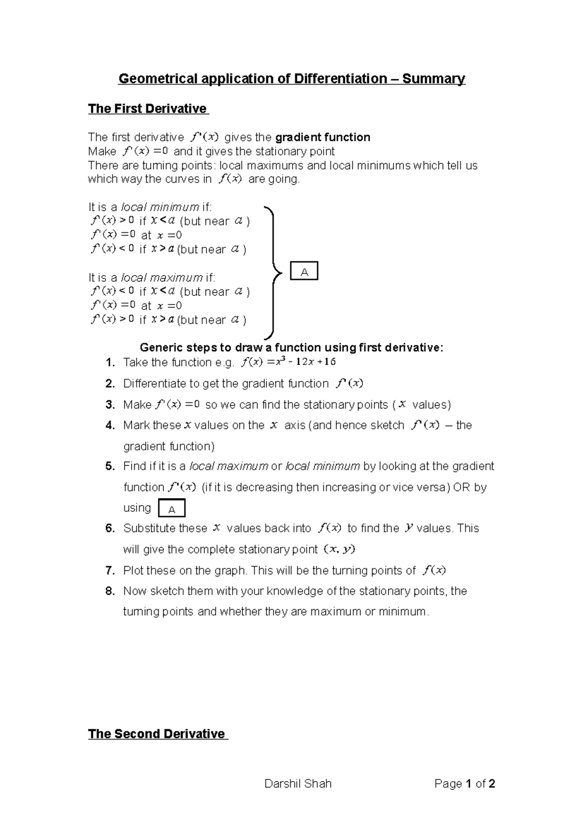 Maths 2 Unit Notes - Geometrical application of Differentiation ...