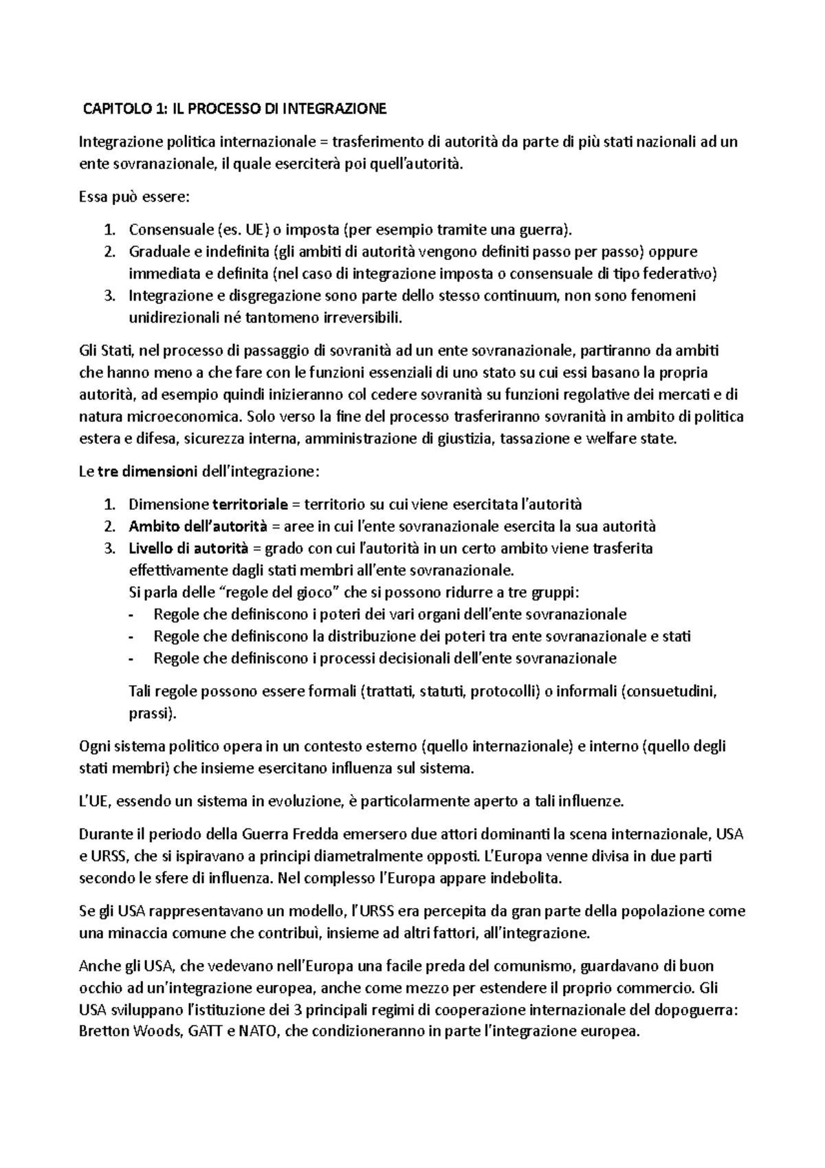 Istituzioni riassunti - CAPITOLO 1: IL PROCESSO DI INTEGRAZIONE ...