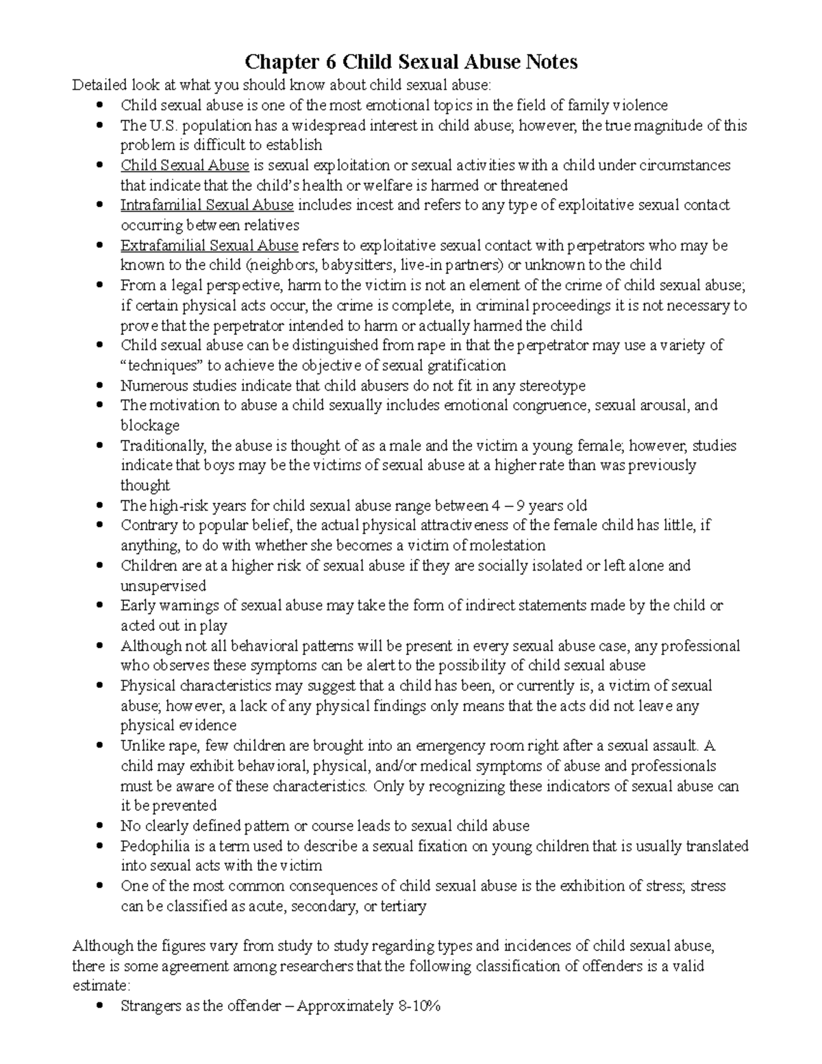 Chapter 6 Child Sexual Abuse Notes - population has a widespread ...