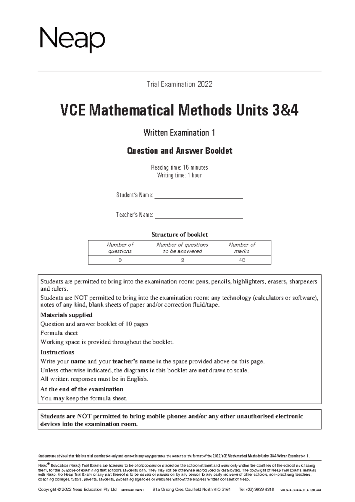 VCE Mathematical Methods Units 3&4 Exam 1 Question and Answer Booklet 2022 - Neap® Education ...