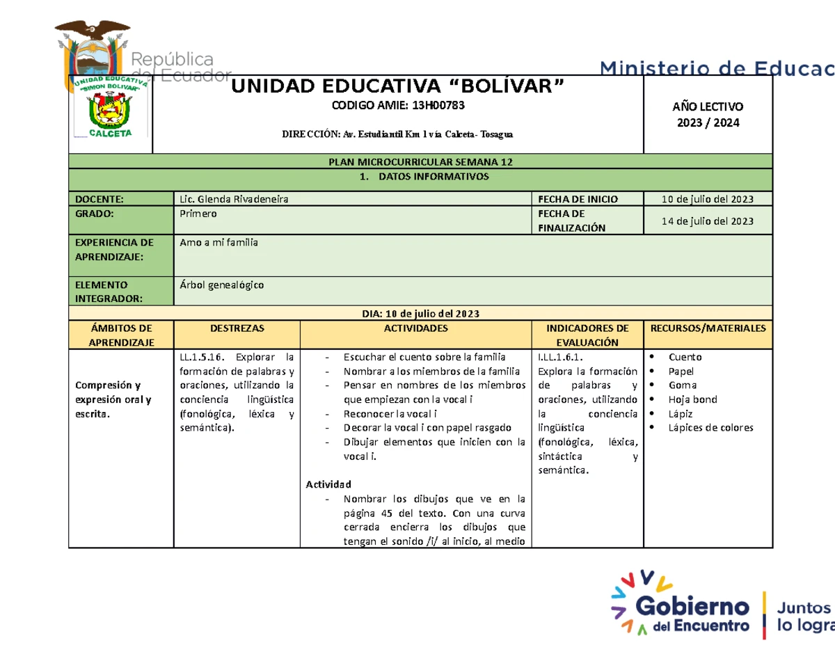 Planificacion Semana 11 Preparatoria - UNIDAD EDUCATIVA “BOLÍVAR ...