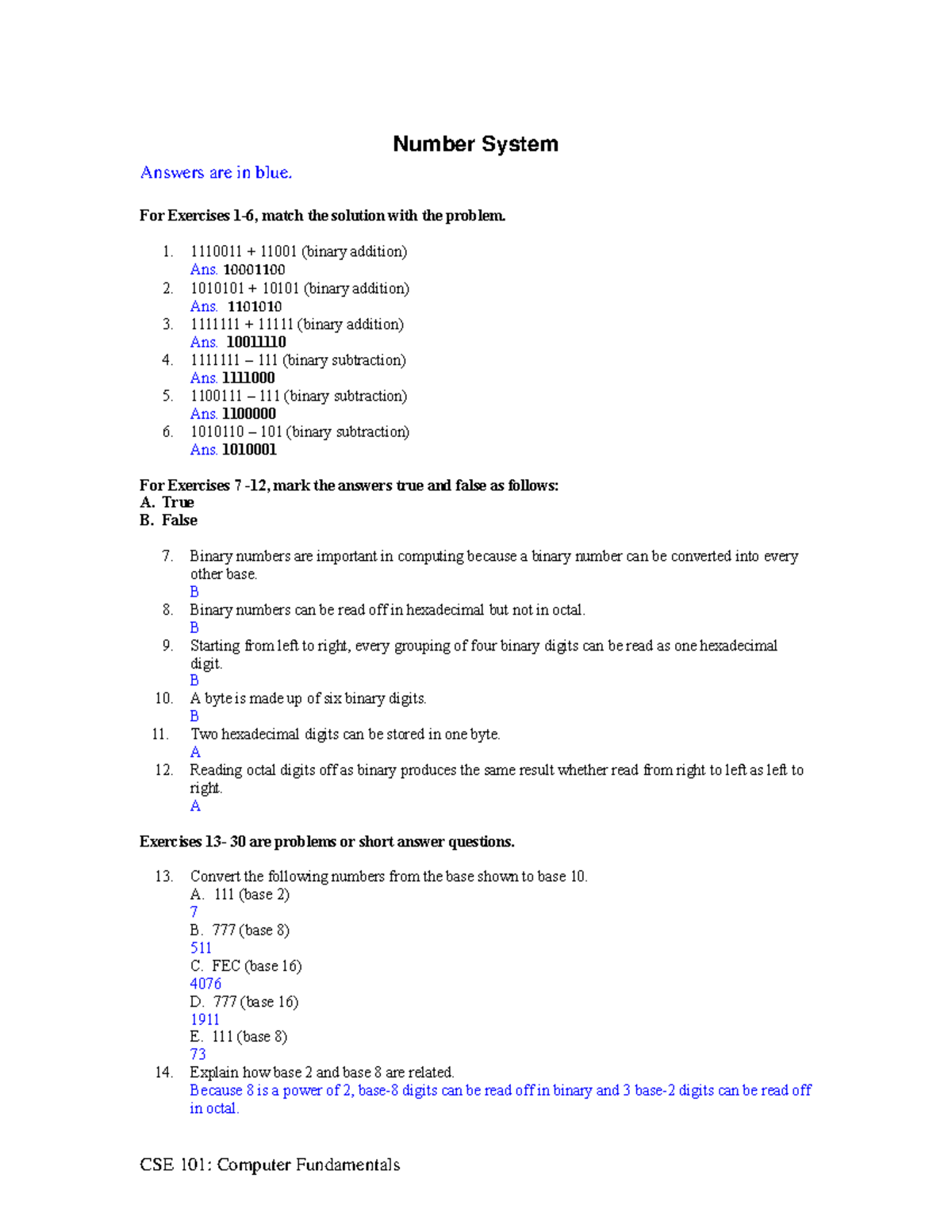 Number system - network topology - Number System Answers are in blue ...