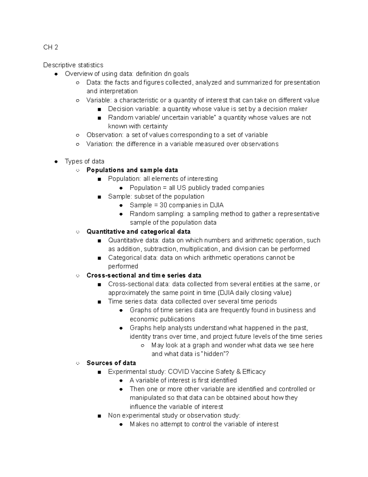BUS 301- WEEK 2 Notes - data and statistics - CH 2 Descriptive ...