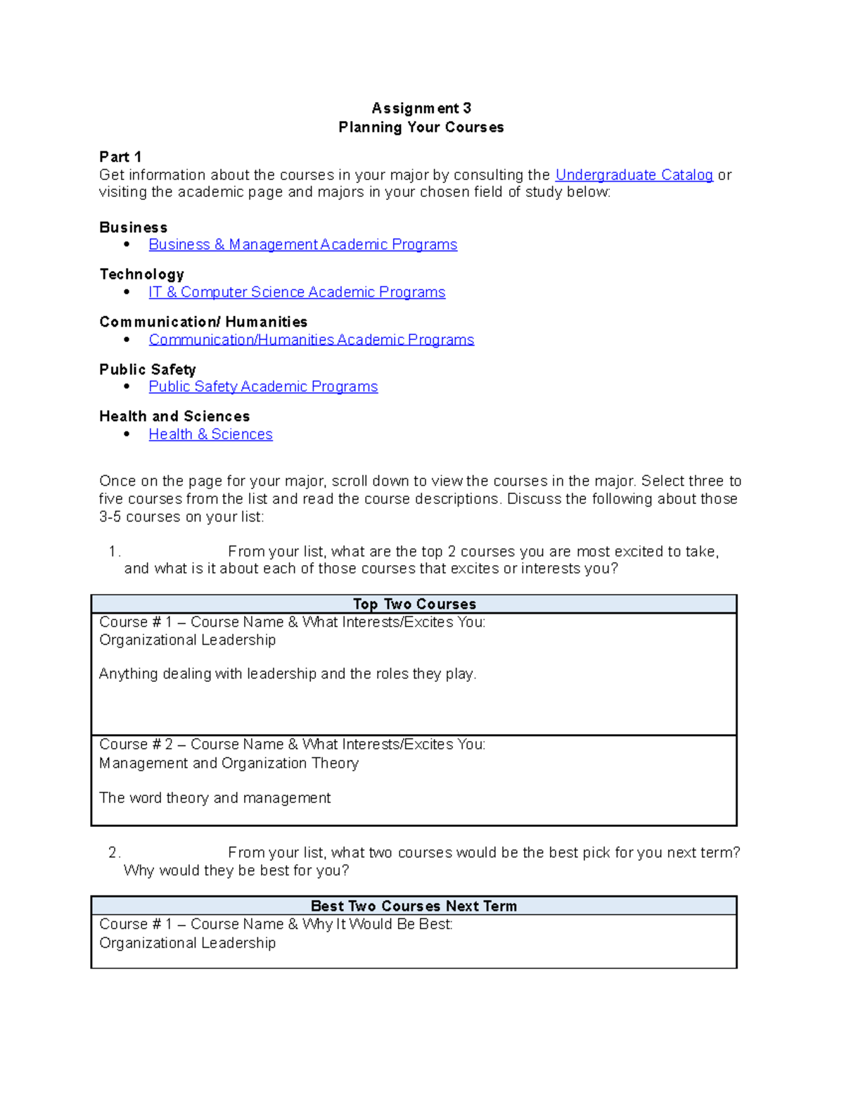 Planning Your Courses Template - Assignment 3 Planning Your Courses ...