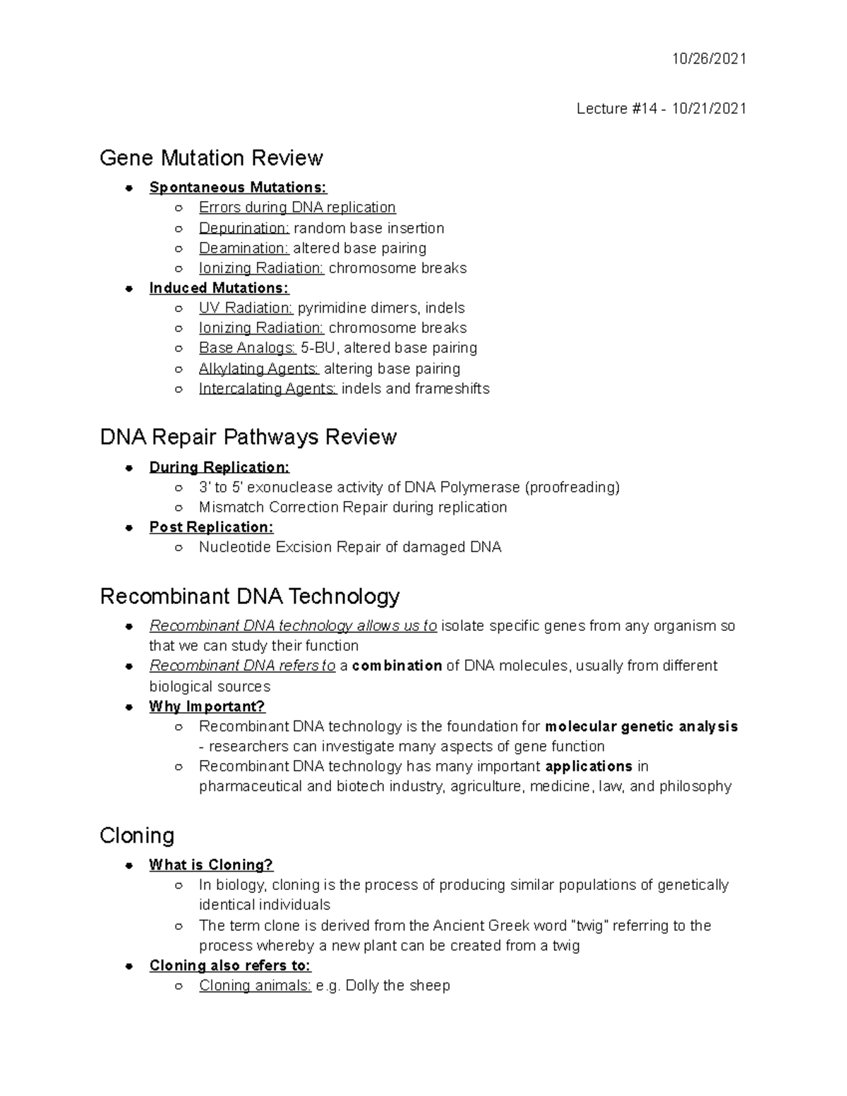 Recombinant DNA Technology Notes (BIO SC 2200) - Lecture Gene Mutation ...