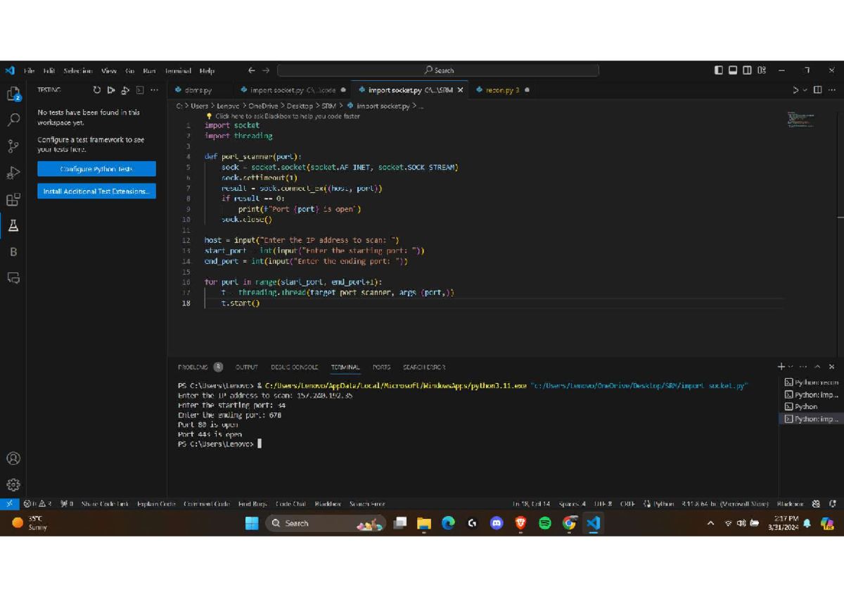 Project 2 - Network and Port Scanner - File Edit Selection View Go Run Terminal Help Search ...