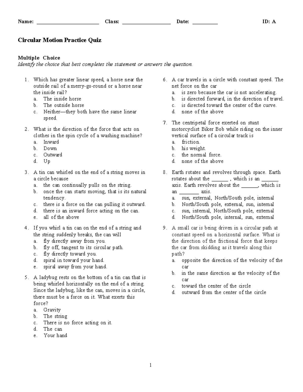 422276616 Circular Motion Practice Quiz - Name: ______________________ Class ...
