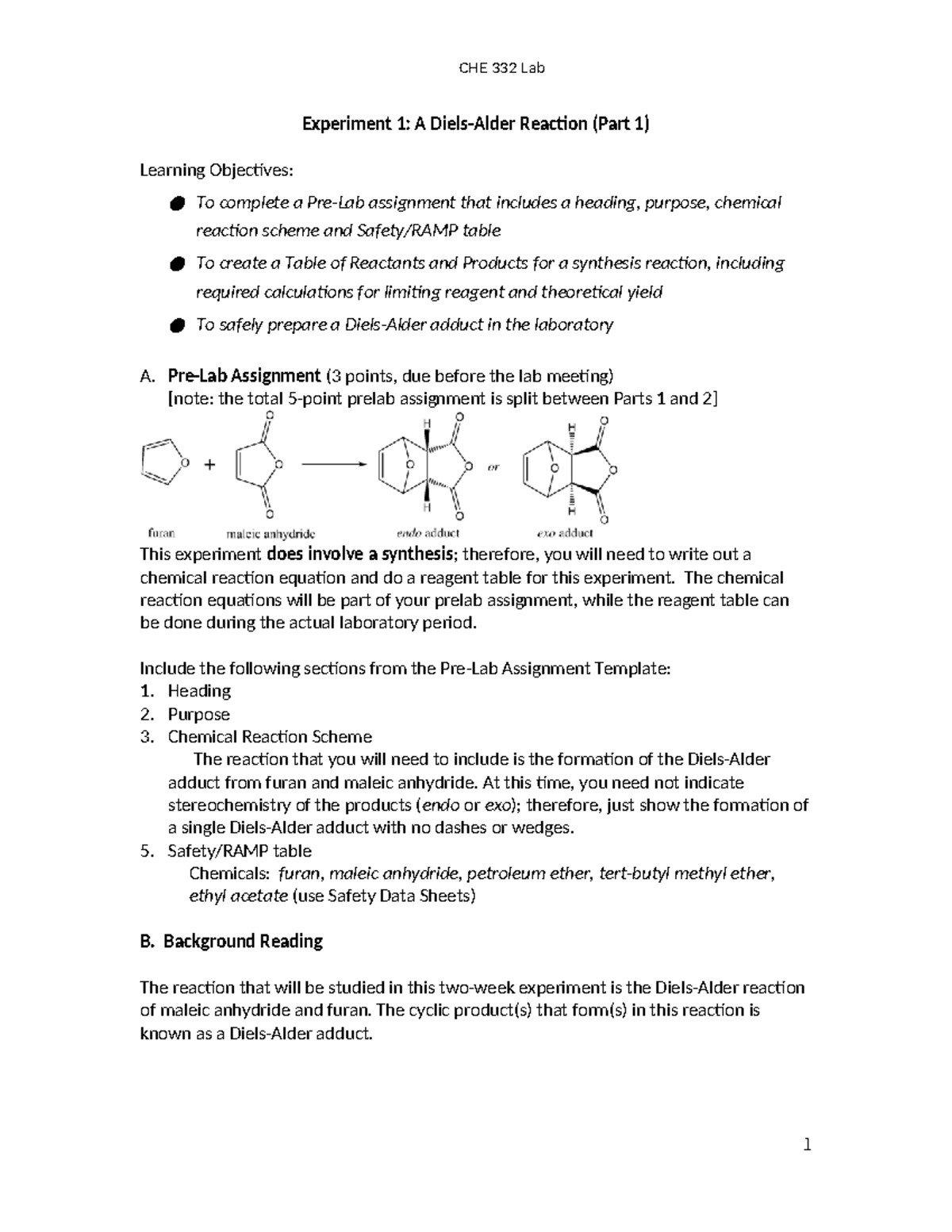 TCNJ Diels Alder Reaction Part 1 OC II Fall 2024 - CHE 332 Lab ...