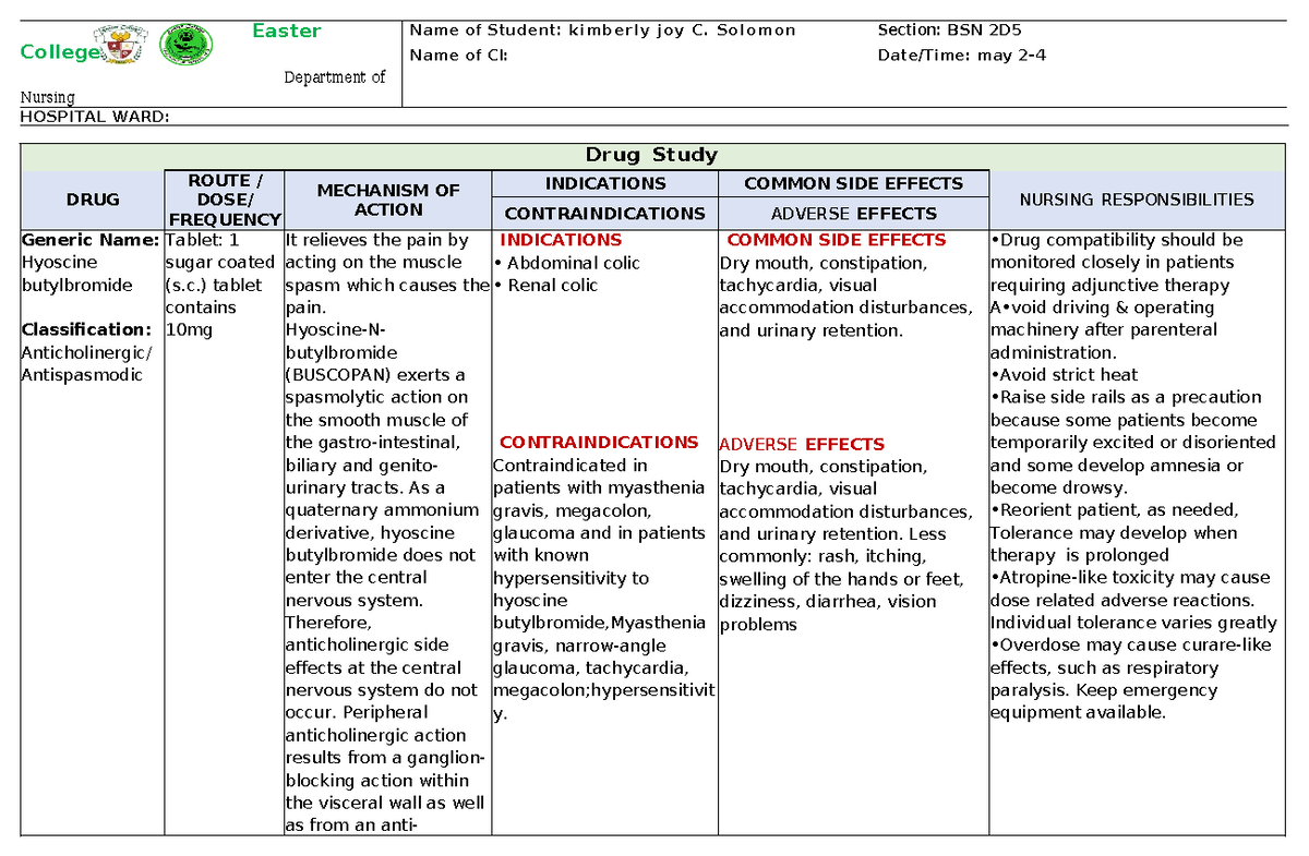 Hyoscine - Medication - Easter College Department of Nursing Name of ...