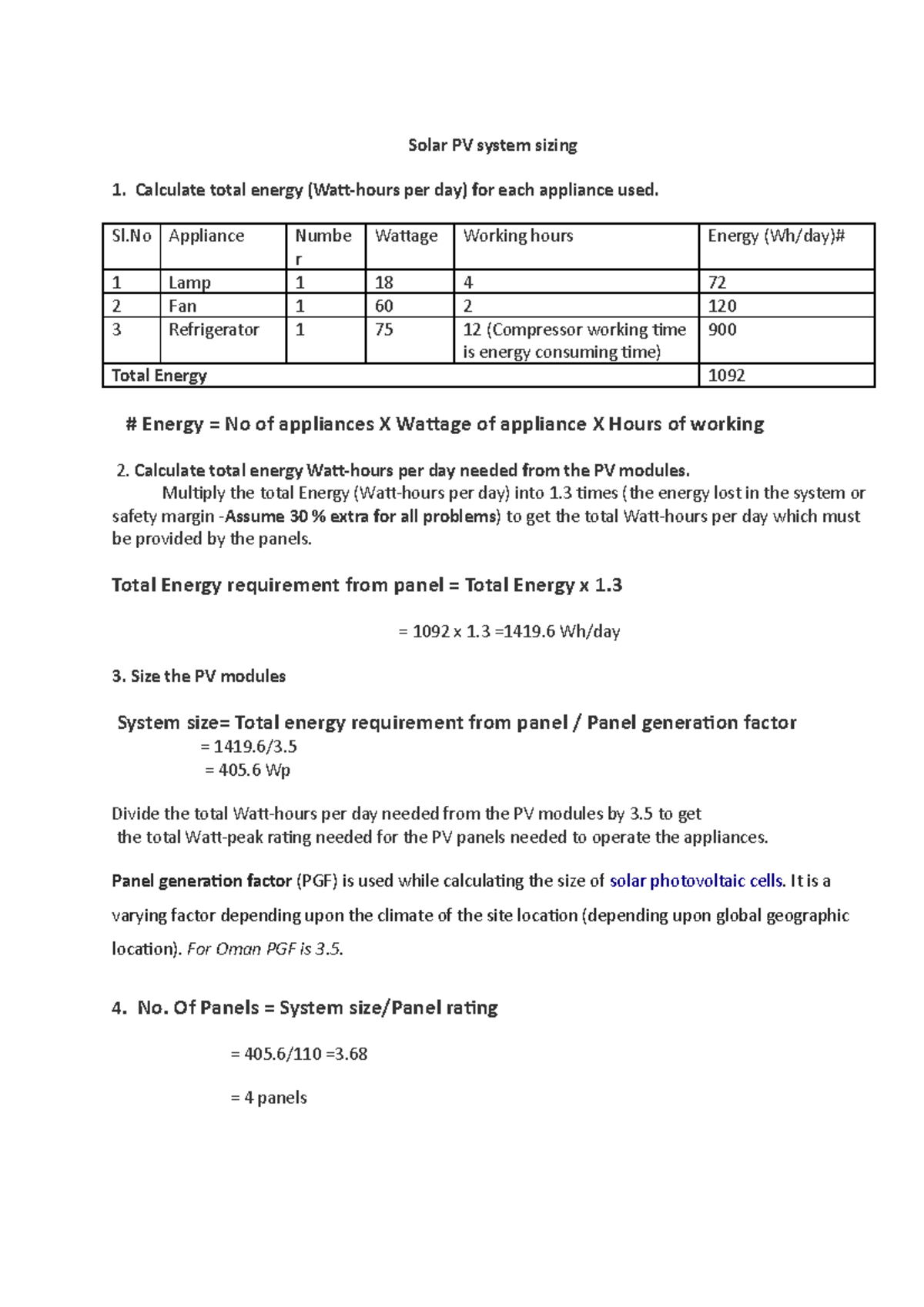 Solar PV system sizing - Calculate total energy (Watt-hours per day ...