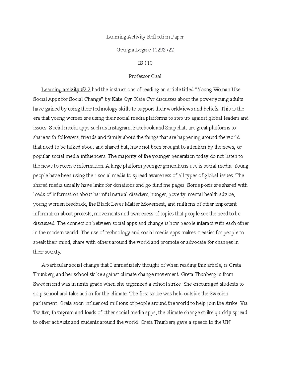 LA Reflection Paper - Learning Activity Reflection Paper Georgia Legare ...