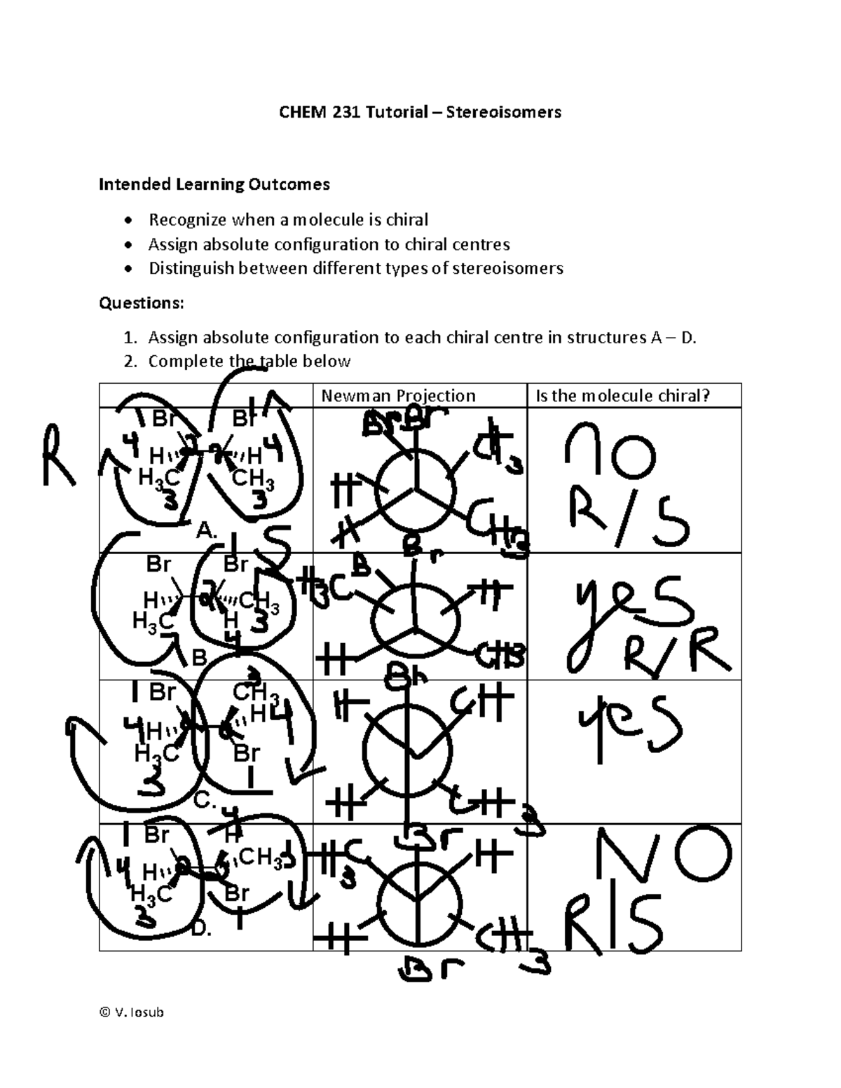 CHEM 231 Tutorial 9 Stereoisomers - © V. Iosub CHEM 231 Tutorial ...