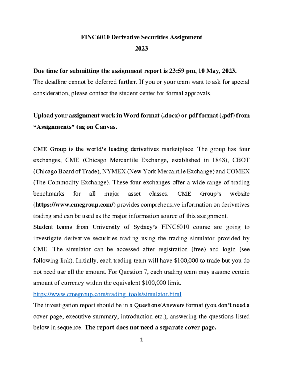 FINC6010 group assignment S1 2023 - FINC6010 Derivative Securities ...