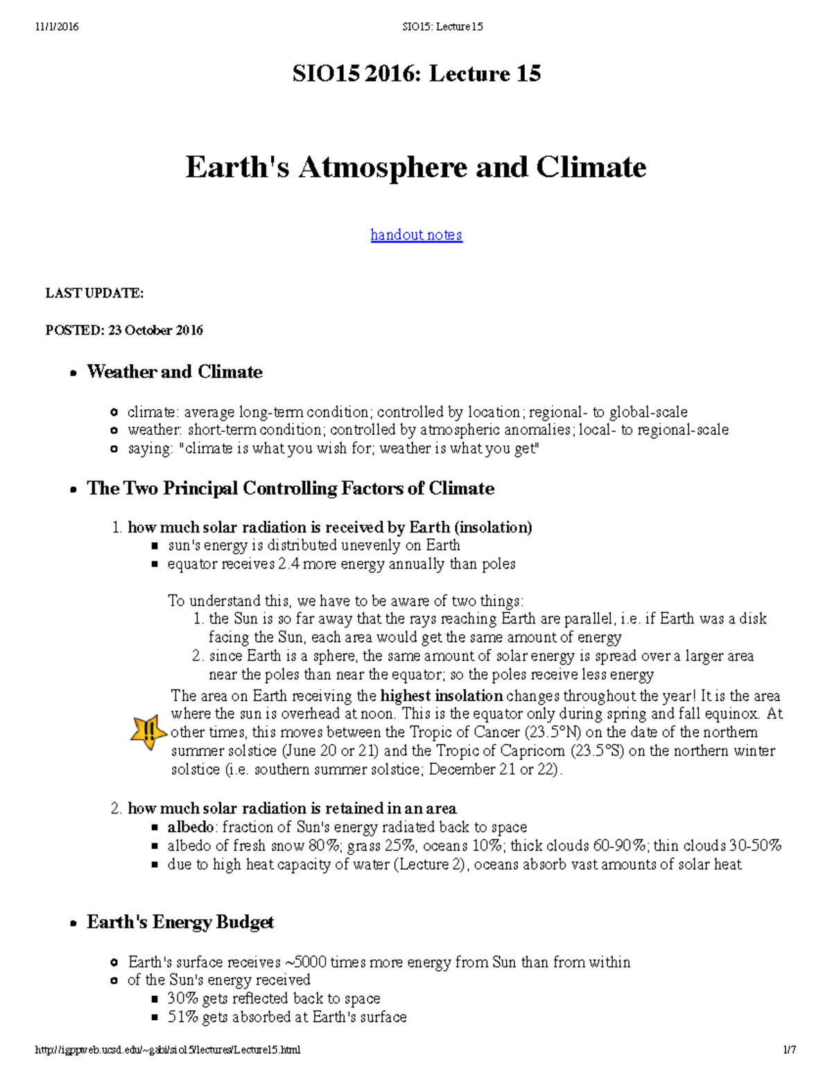 SIO15 Lecture 15 - SIO15 2016: Lecture 15 Earth's Atmosphere and ...