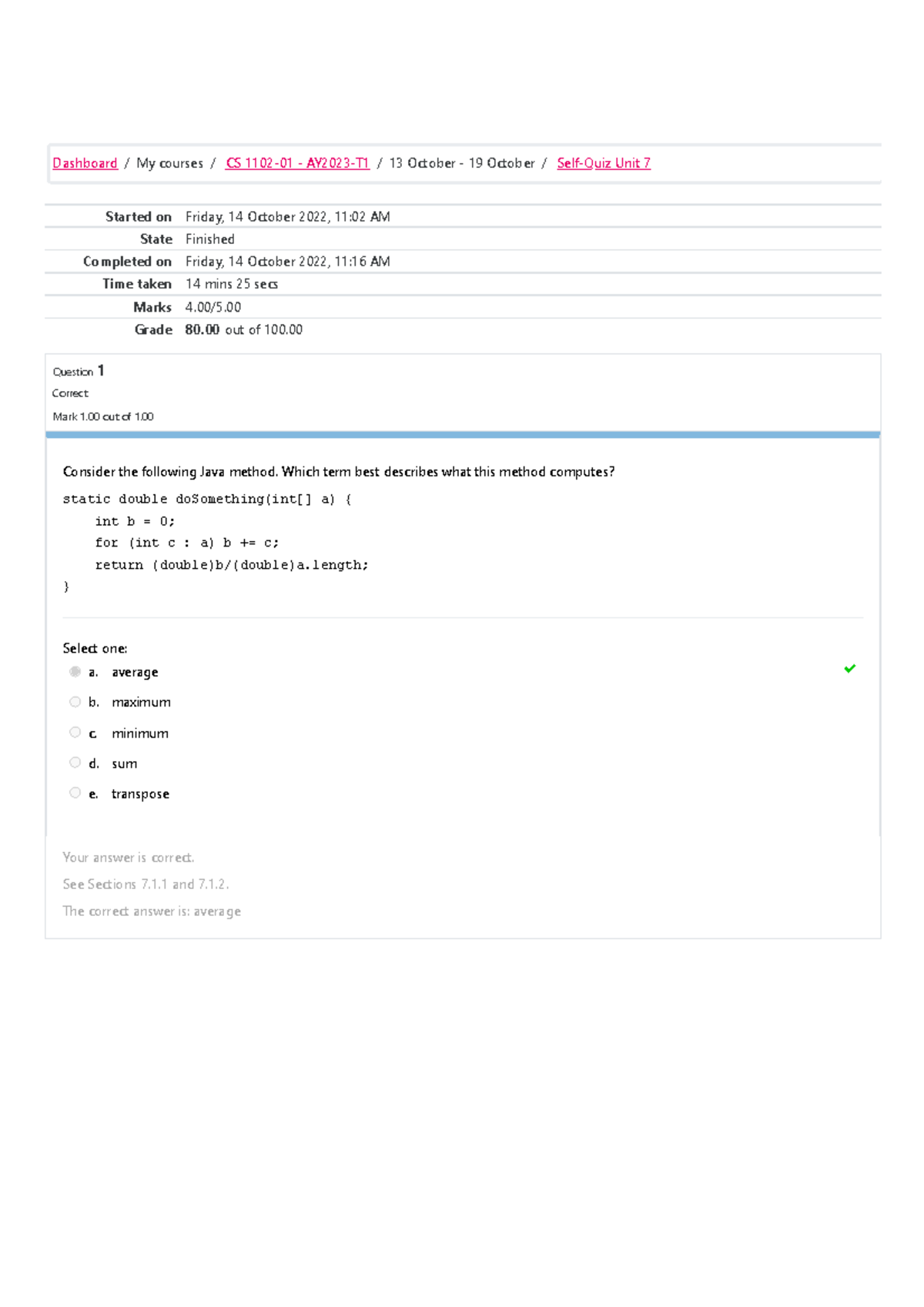 CS1102 - Self-Quiz Unit 7 Attempt 1 review 80% - Started on Friday, 14 October 2022, 11:02 AM ...