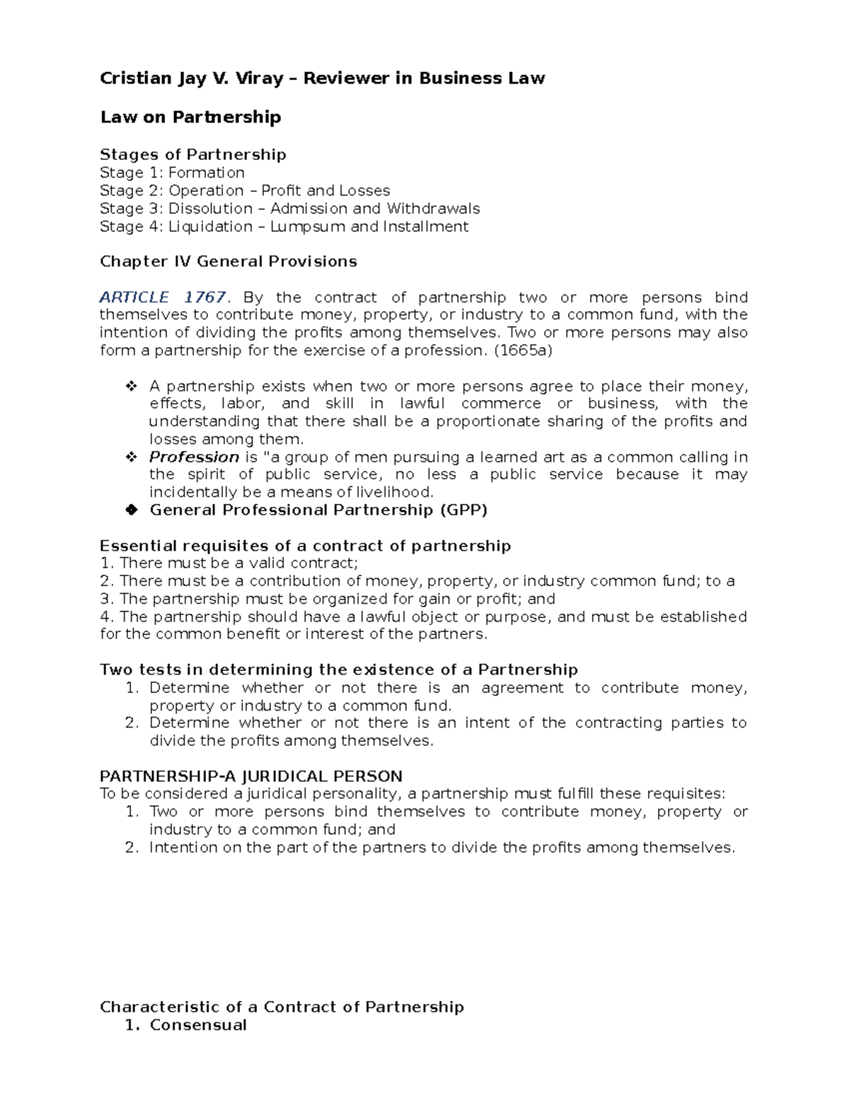 Law on Partnership - Viray - Cristian Jay V. Viray – Reviewer in ...