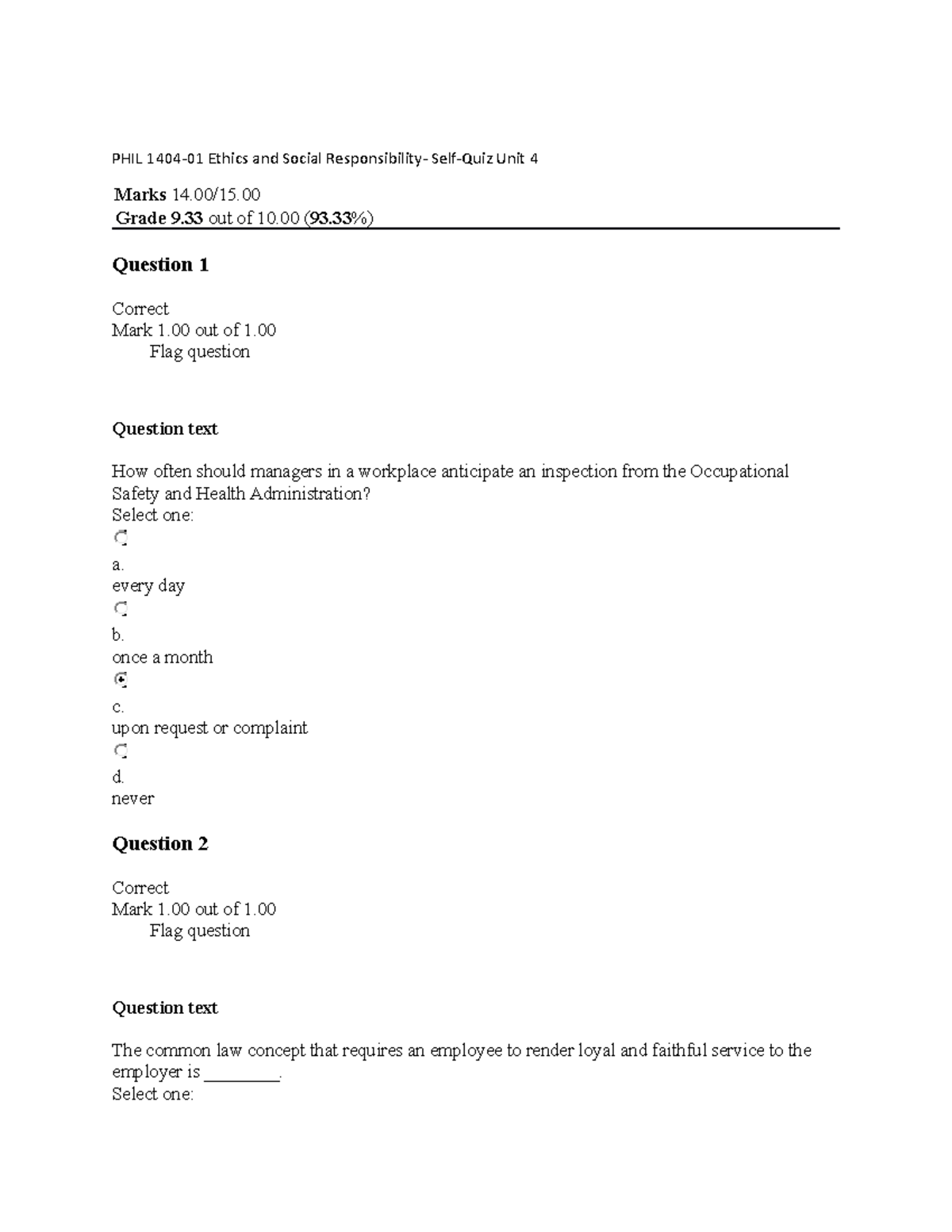PHIL 1404-01 Ethics and Social Responsibility- Self-Quiz Unit 4 - Grade ...