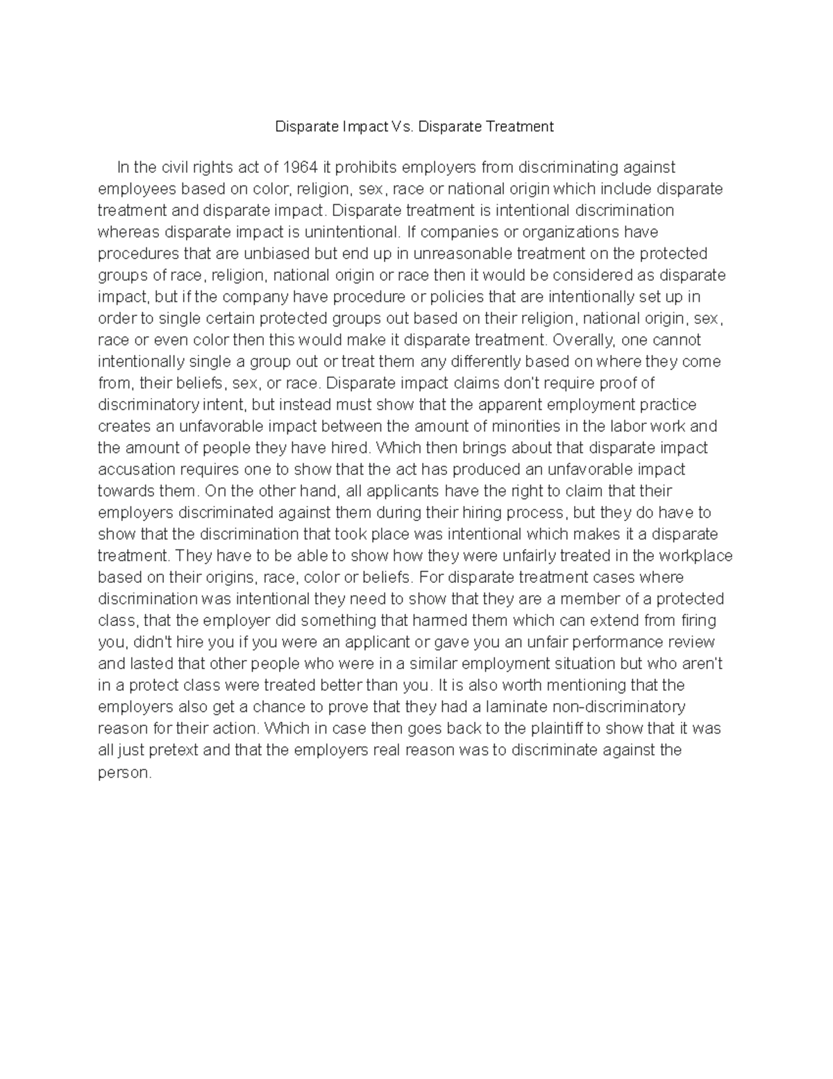 MGT 310 2 - Disparate Impact Vs. Disparate Treatment - Disparate Impact ...