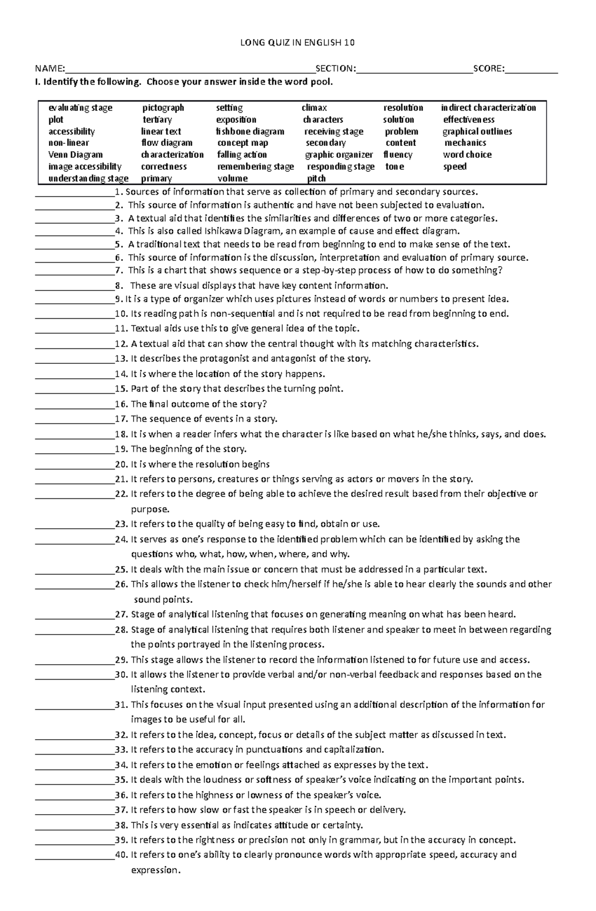 LONG QUIZ IN English 10 - long quiz - LONG QUIZ IN ENGLISH 10 - Studocu