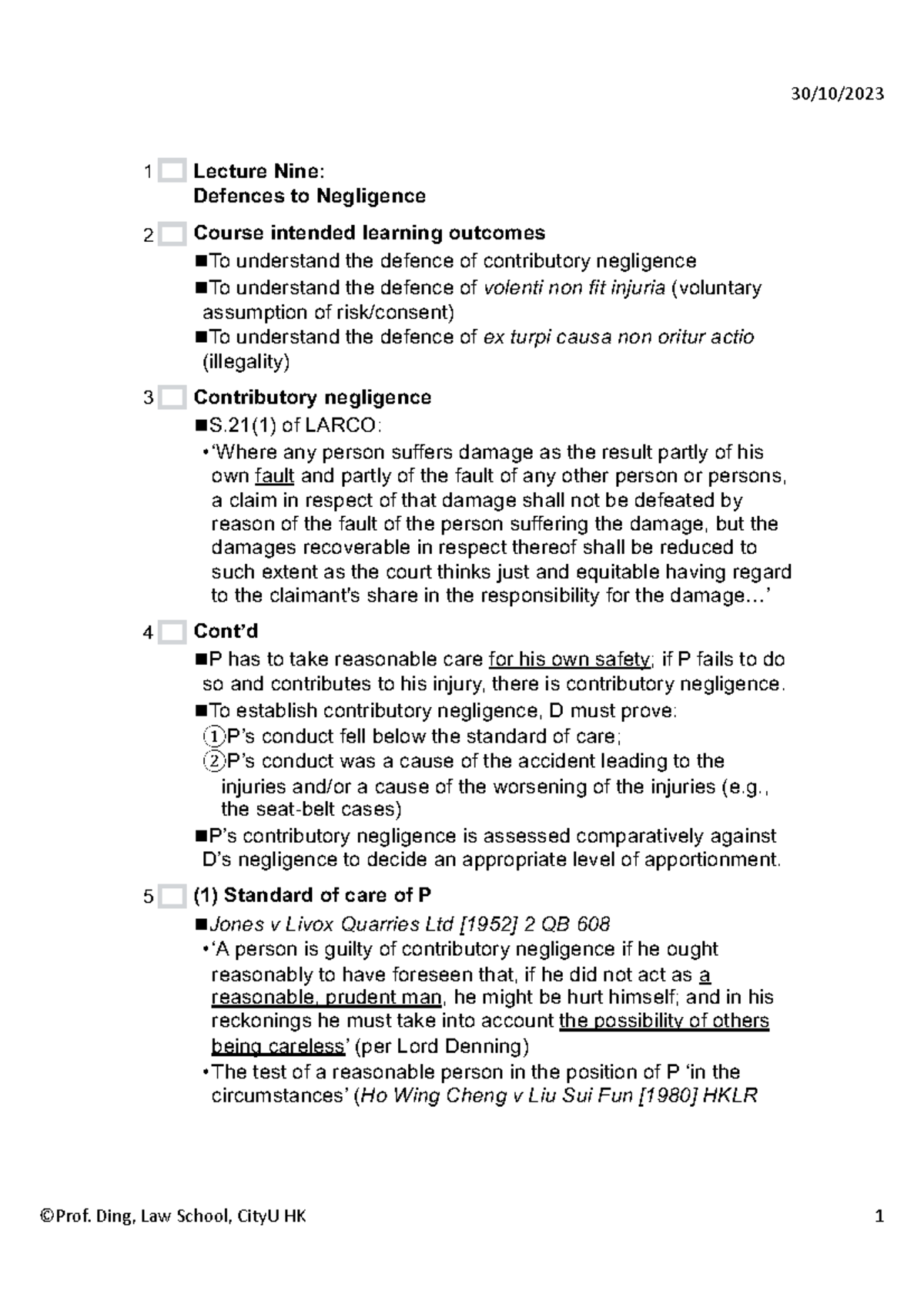 L9 - L9 contributory negligence - 30/10/ ©Prof. Ding, Law School, CityU ...