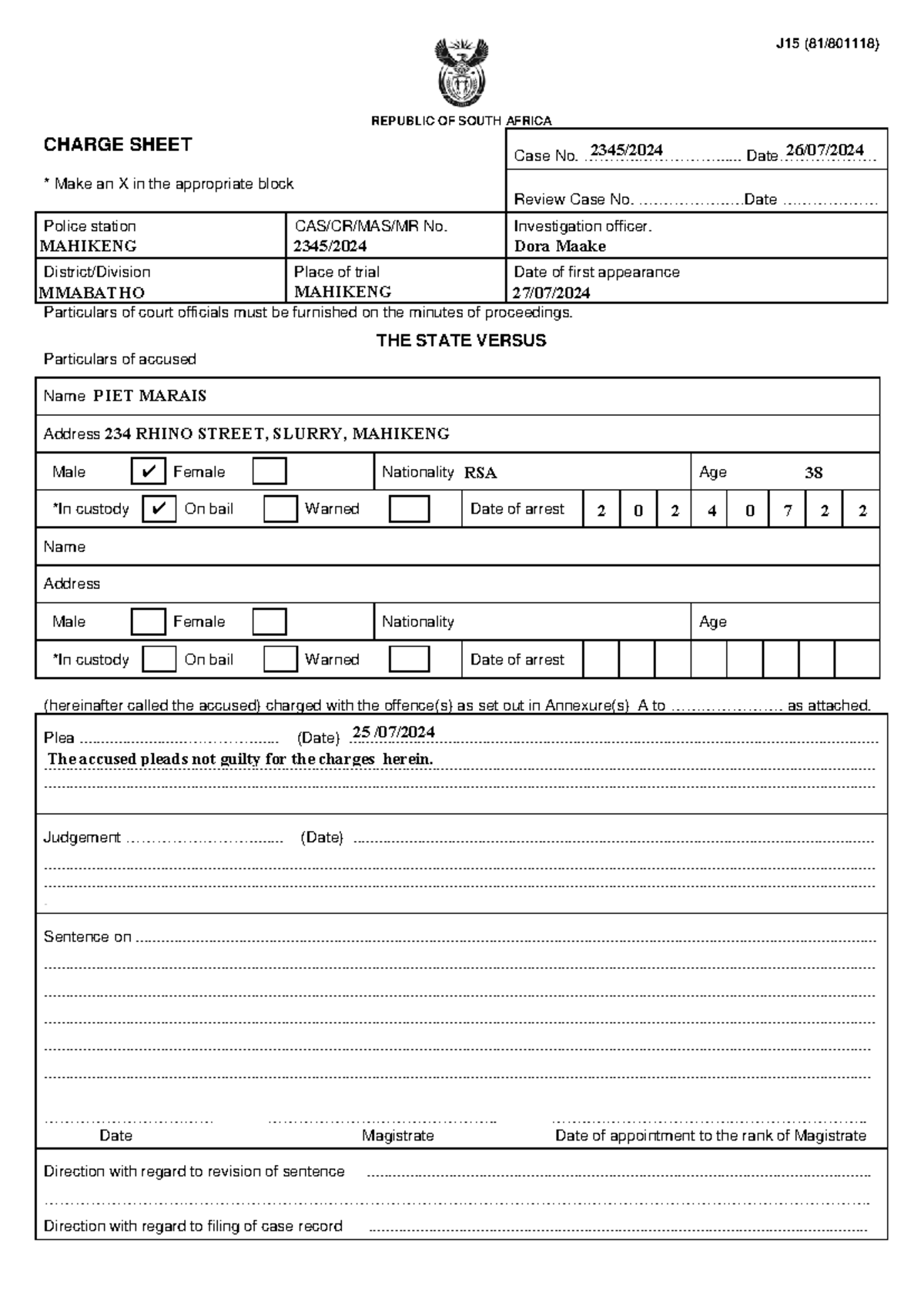 Charge sheet - J15 (81/801118) REPUBLIC OF SOUTH AFRICA CHARGE SHEET ...