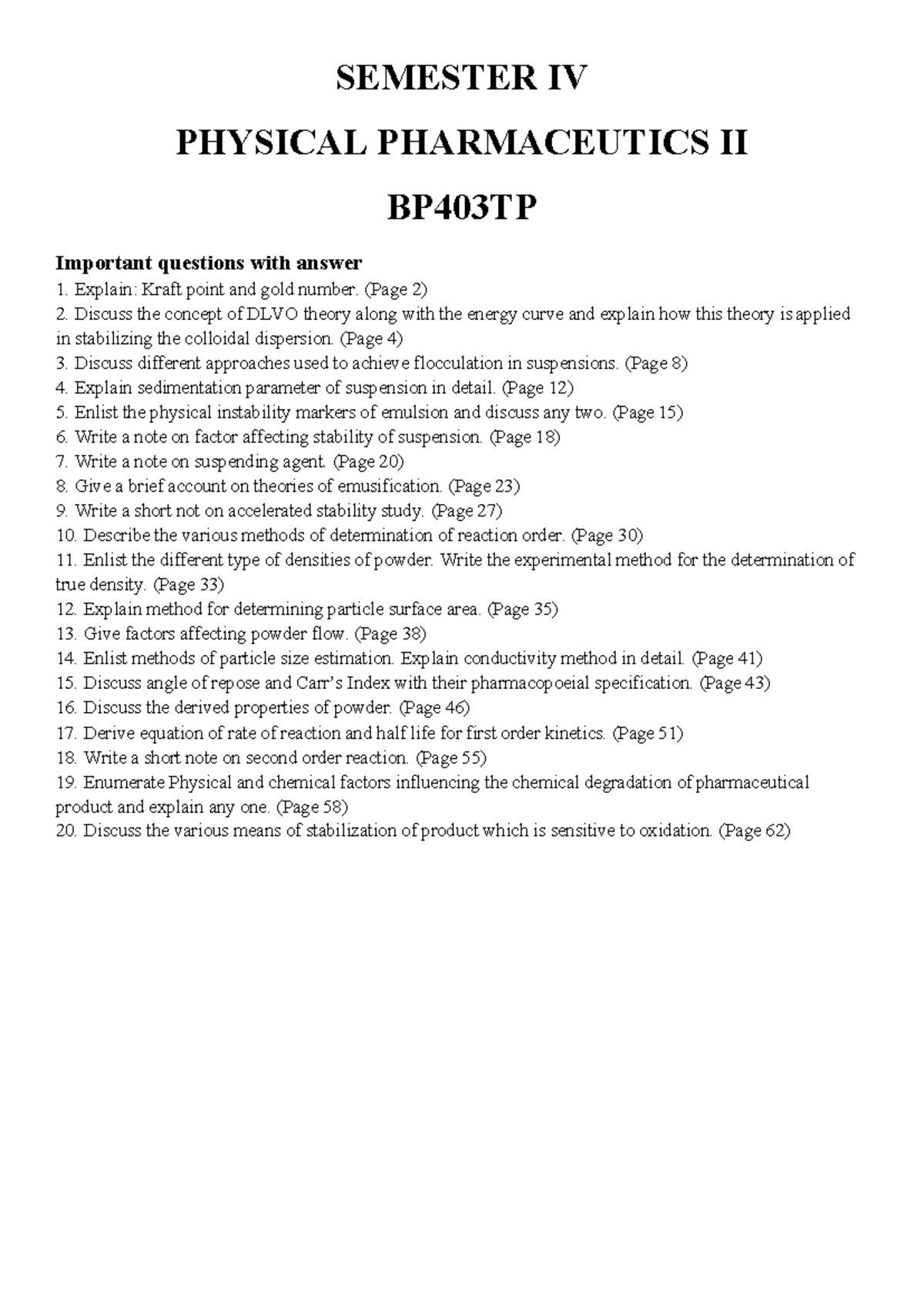 Physical Pharmaceutics II - SEMESTER IV PHYSICAL PHARMACEUTICS II BP403TP Important questions ...