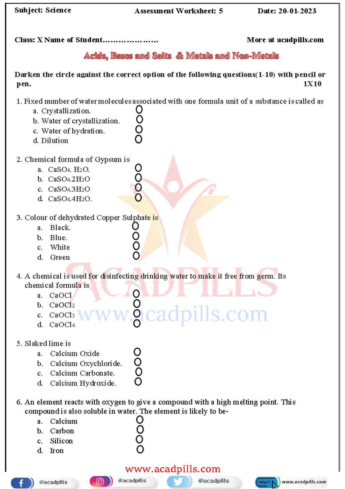 Science Assessment Worksheet 5 - Subject: Science Assessment Worksheet ...
