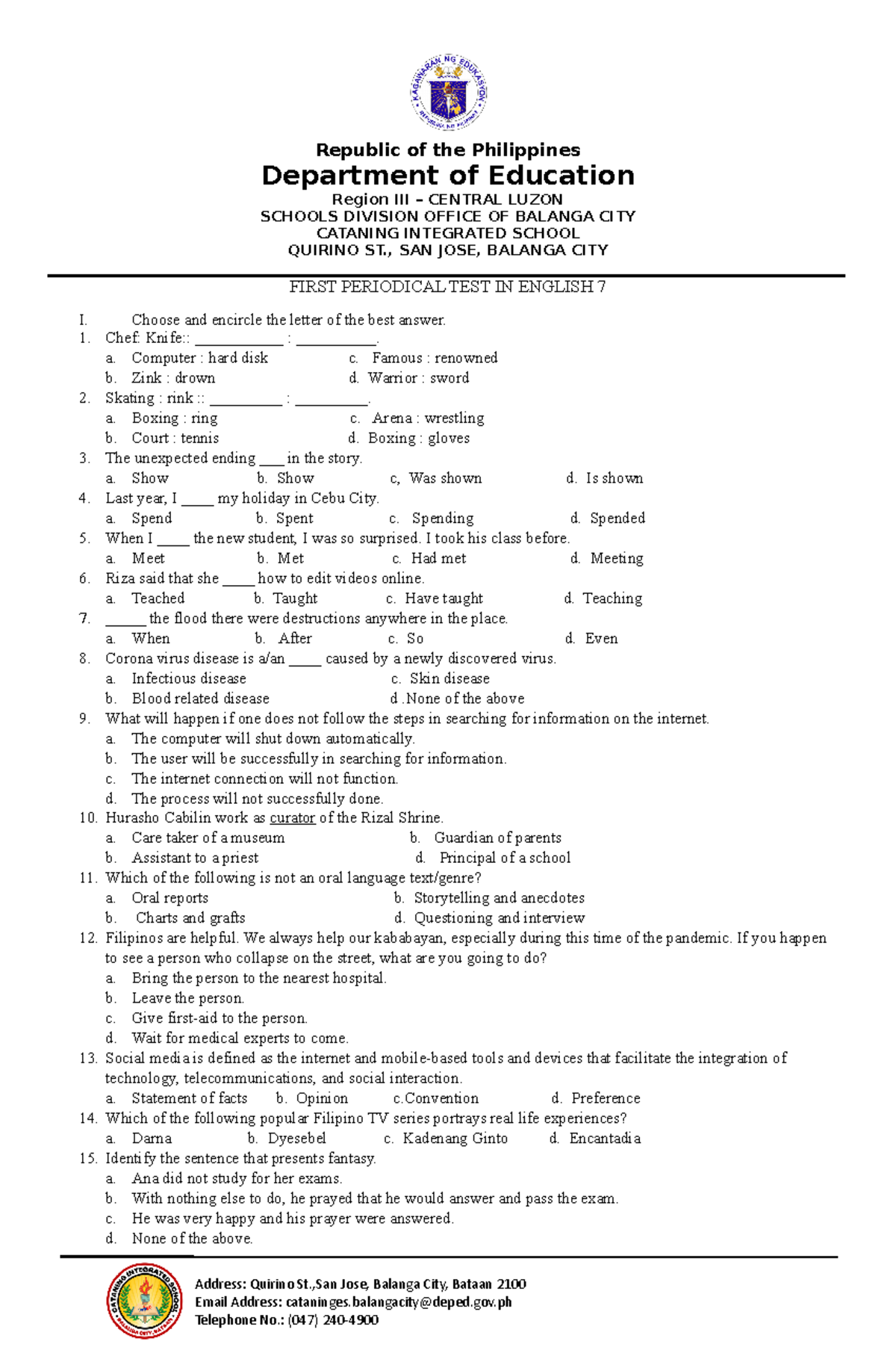 English 7-1st PT - periodical test - Republic of the Philippines ...