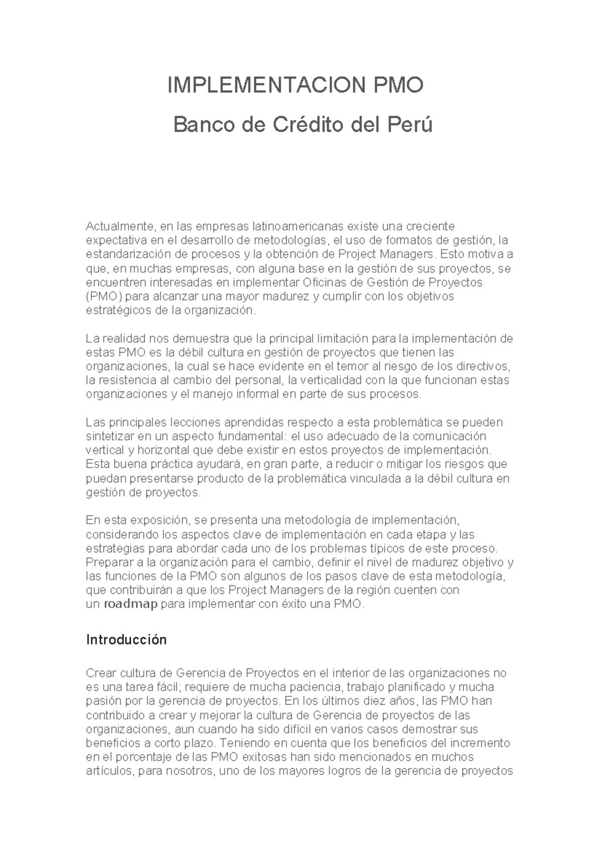 Implementacion PMO EL Bancos - IMPLEMENTACION PMO Banco de Crédito del ...