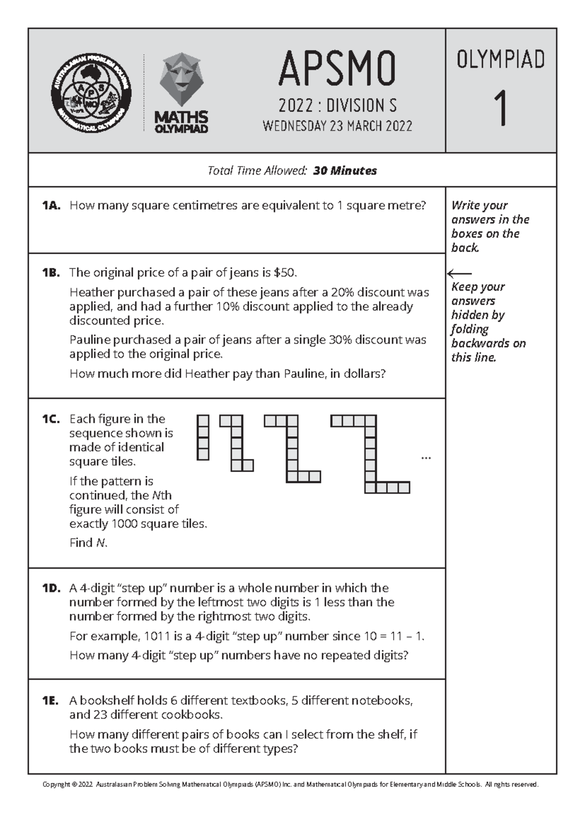 MOS yr 7 competition past papers - 1 APSMO 2022 : DIVISION S WEDNESDAY ...