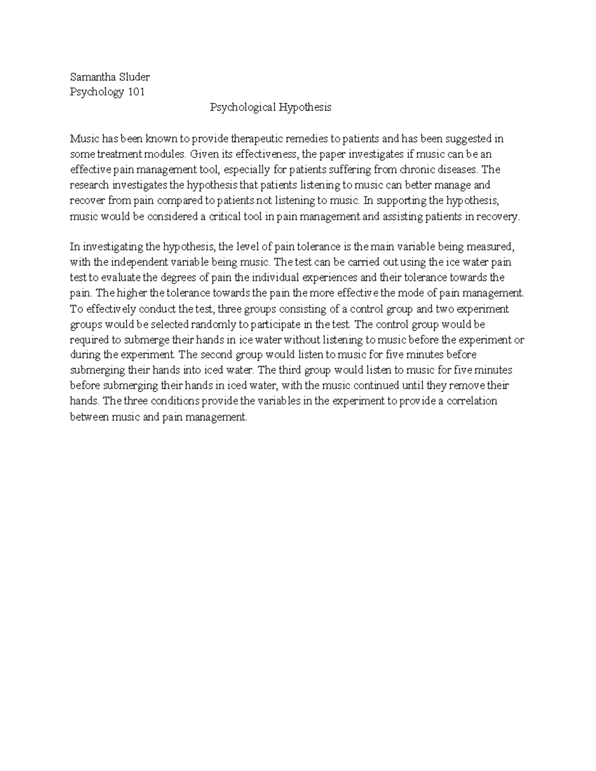 Psychological Hypothesis - Samantha Sluder Psychology 101 Psychological ...